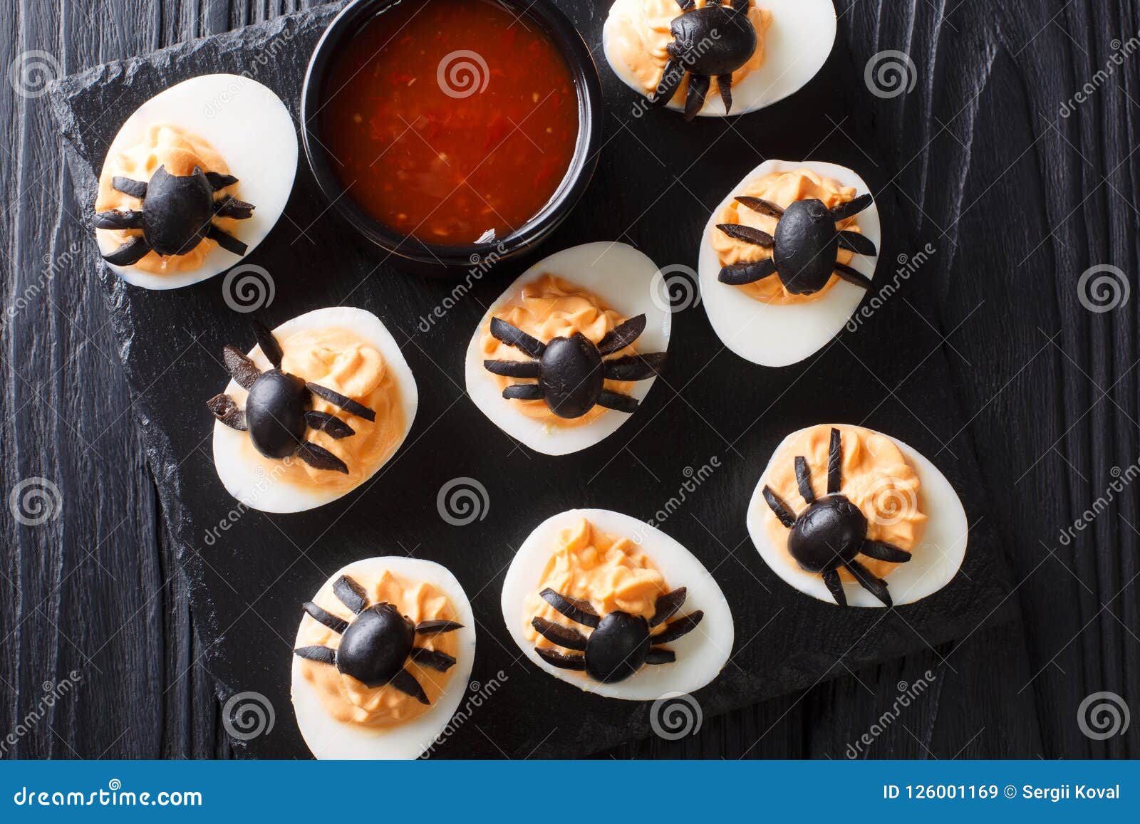 Halloween Appetizer Deviled Eggs Stuffed with Mustard and Decorated ...