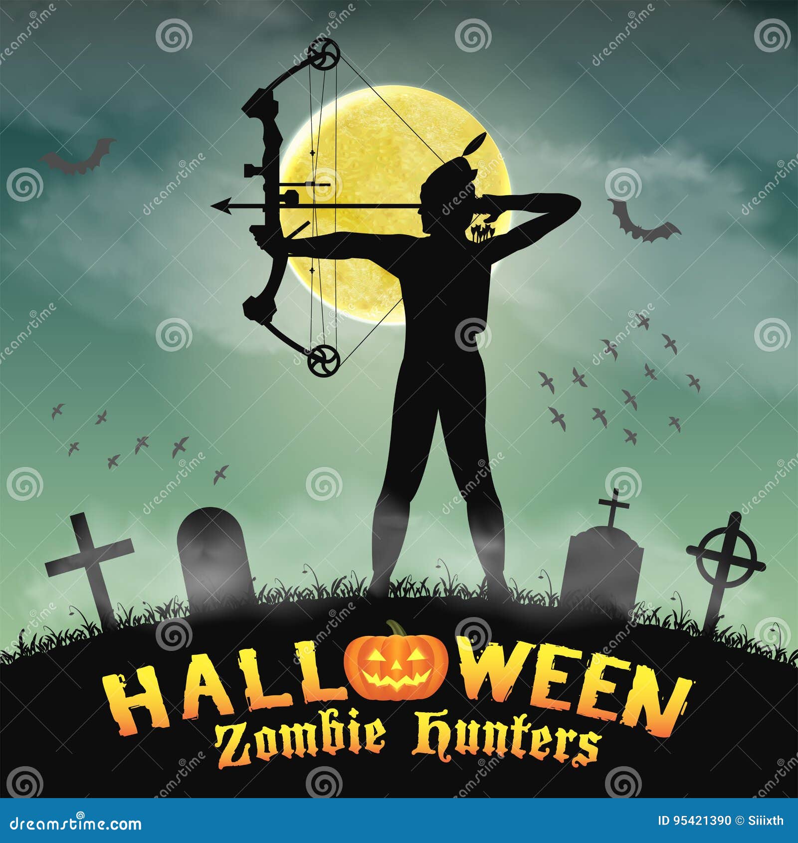 Halloween Archer Zombie Hunter in Night Graveyard Stock Vector - Illustration of killer, freak ...