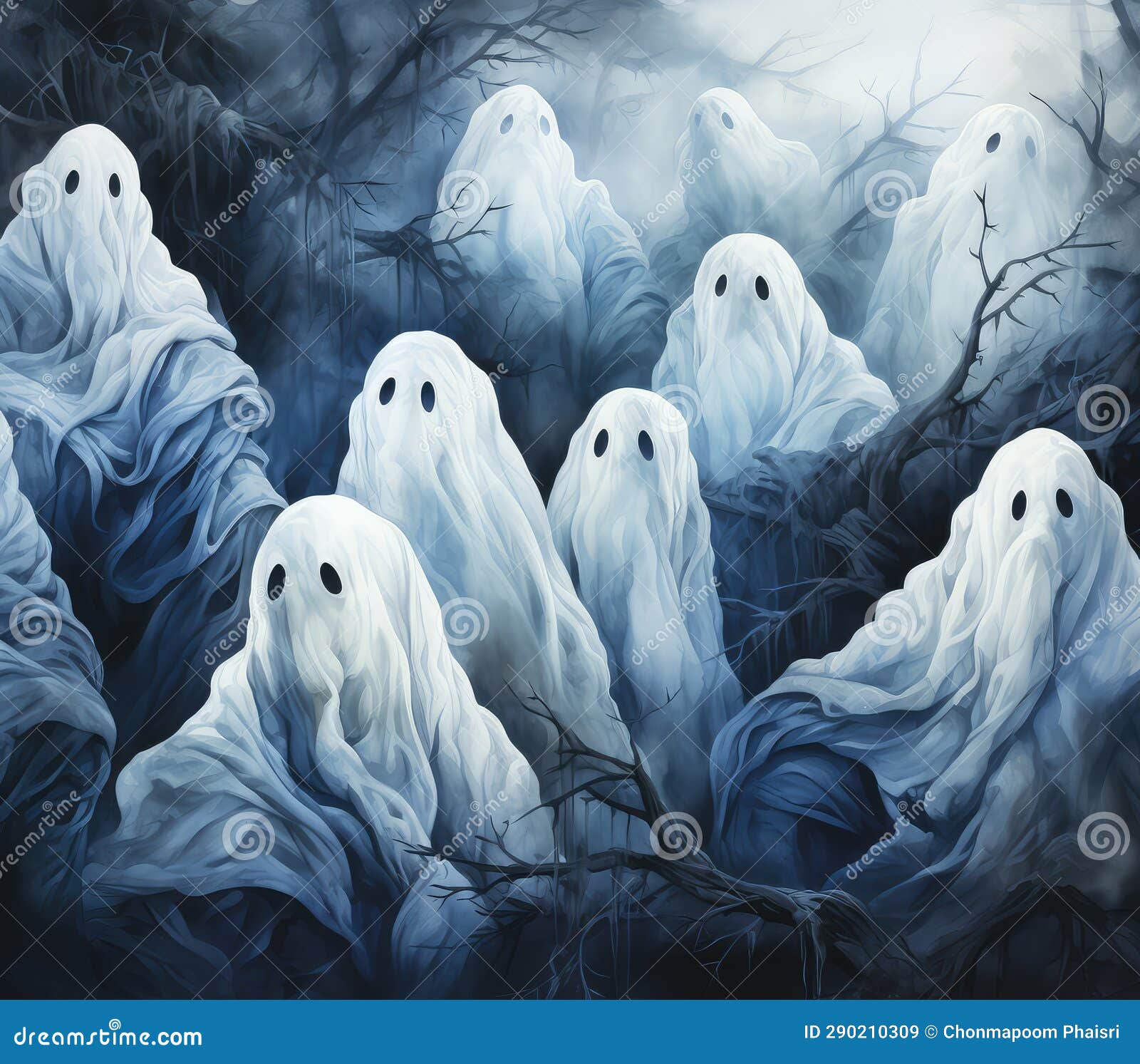 Halloween Background with Ghosts on Dark Blue Background. 3d Rendering ...