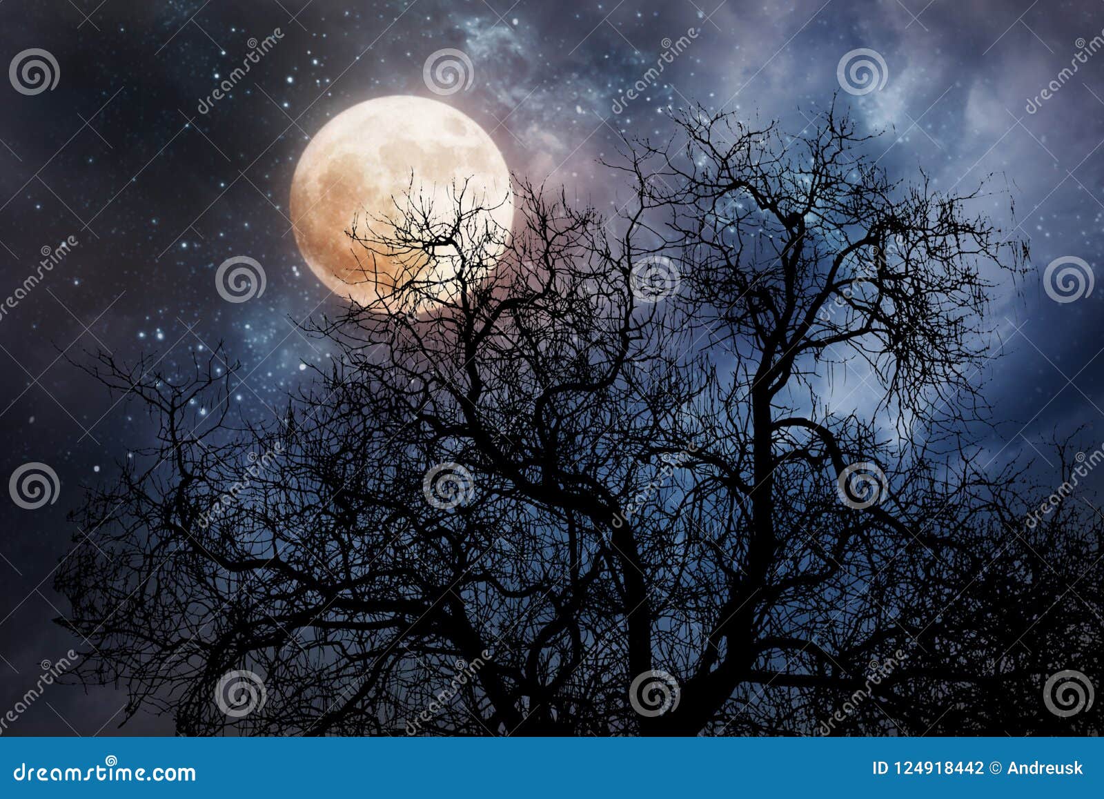 Halloween Background with Moon and Dead Tree Stock Photo - Image of ...