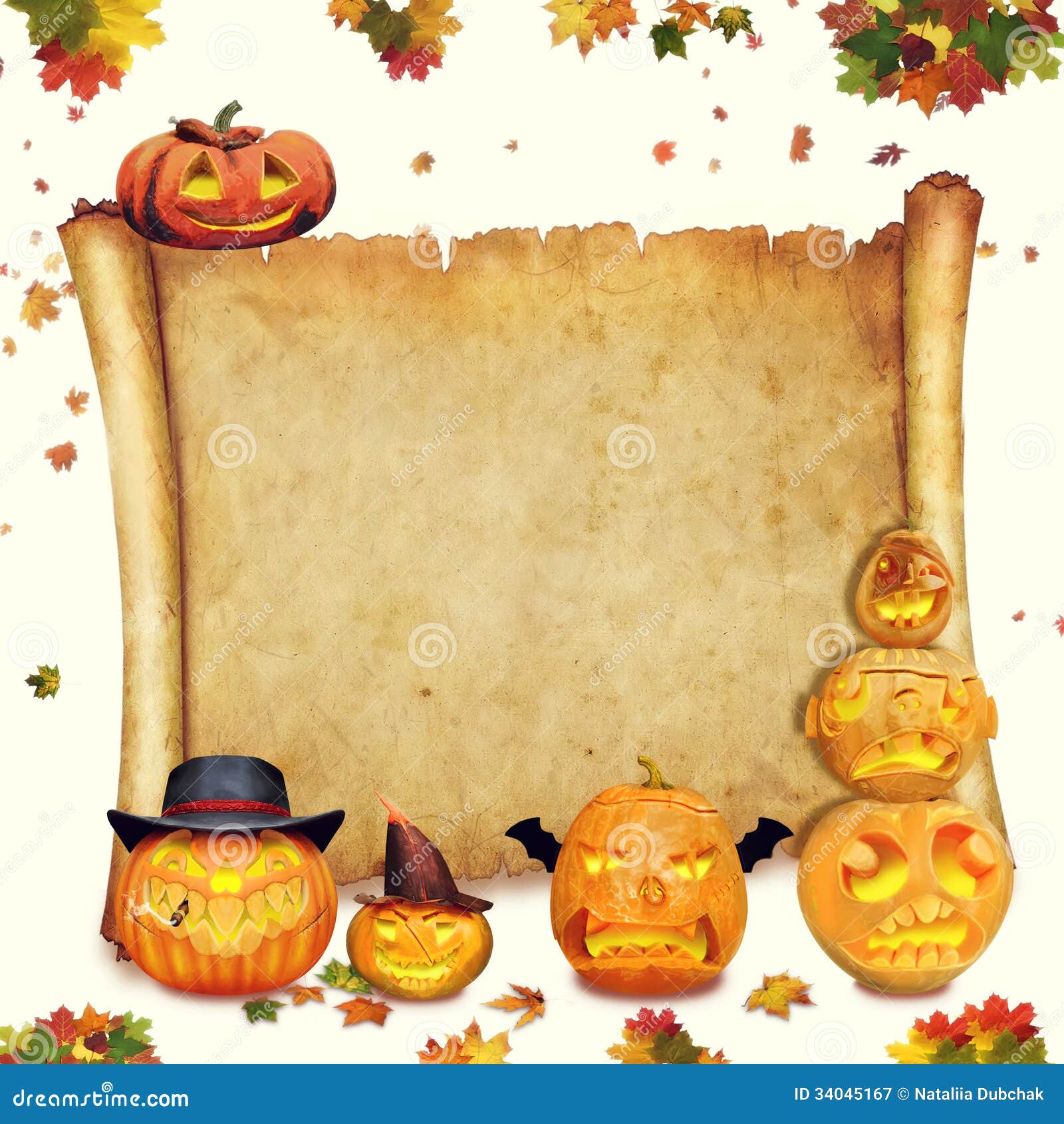 Halloween Background Scroll Sign with Foliage and Carved Orange Stock ...