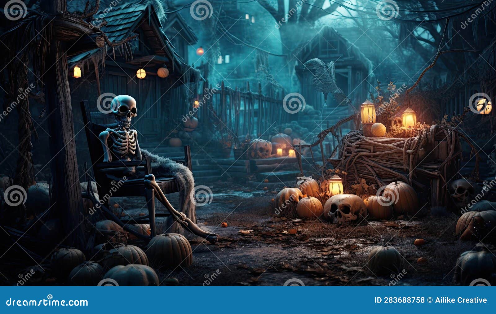 Halloween Background with Skeleton Sitting in the Chair. 3D Rendering ...