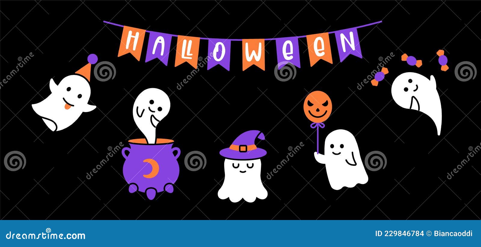 Halloween Banner Rwith Ghost. Vector Cute Ghost Clip Art Stock Vector ...