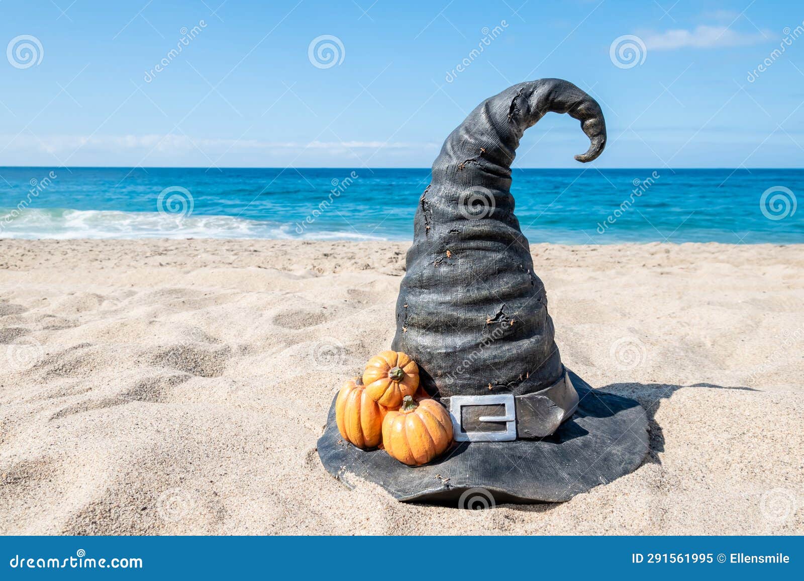 Halloween Beach Background with Witch Hat and Pumpkins Stock Image ...