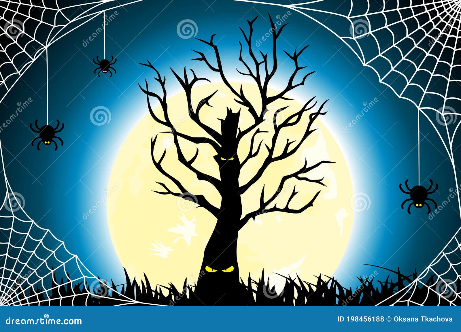 Halloween Black and Blue Illustration with Bright Full Moon, White ...