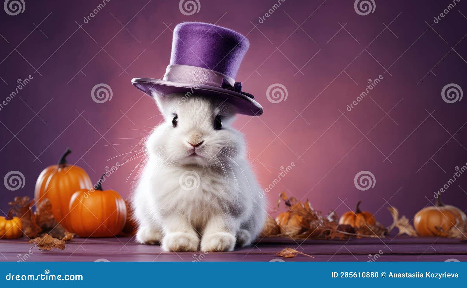 Halloween Bunny with Top Hat and Pumpkins on Purple Background. Stock ...