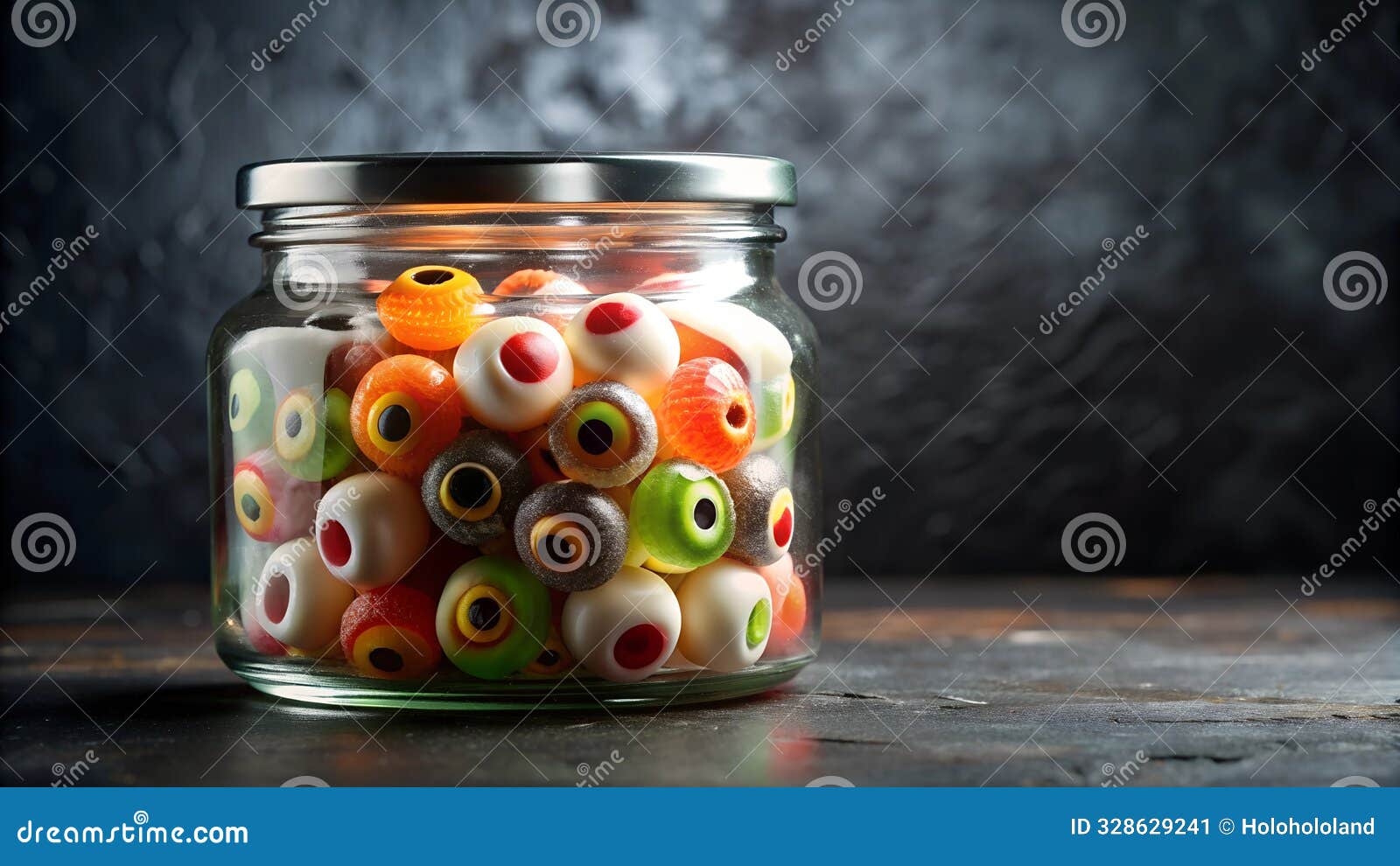 Halloween Candy Eyes in Clear Bottle on Black Background Stock Image ...