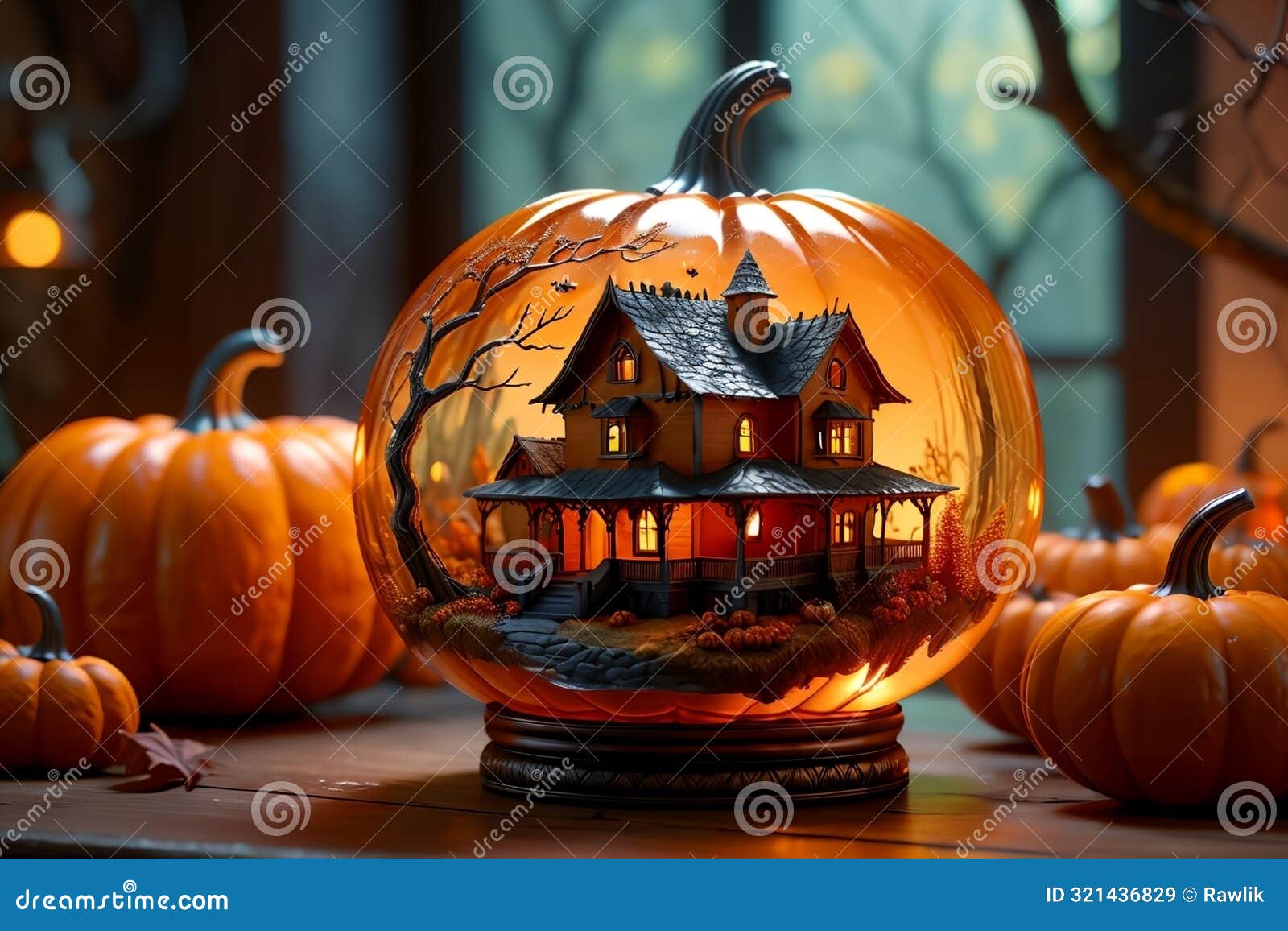 Halloween Card, Glass Pumpkin with a House Inside Stock Illustration ...