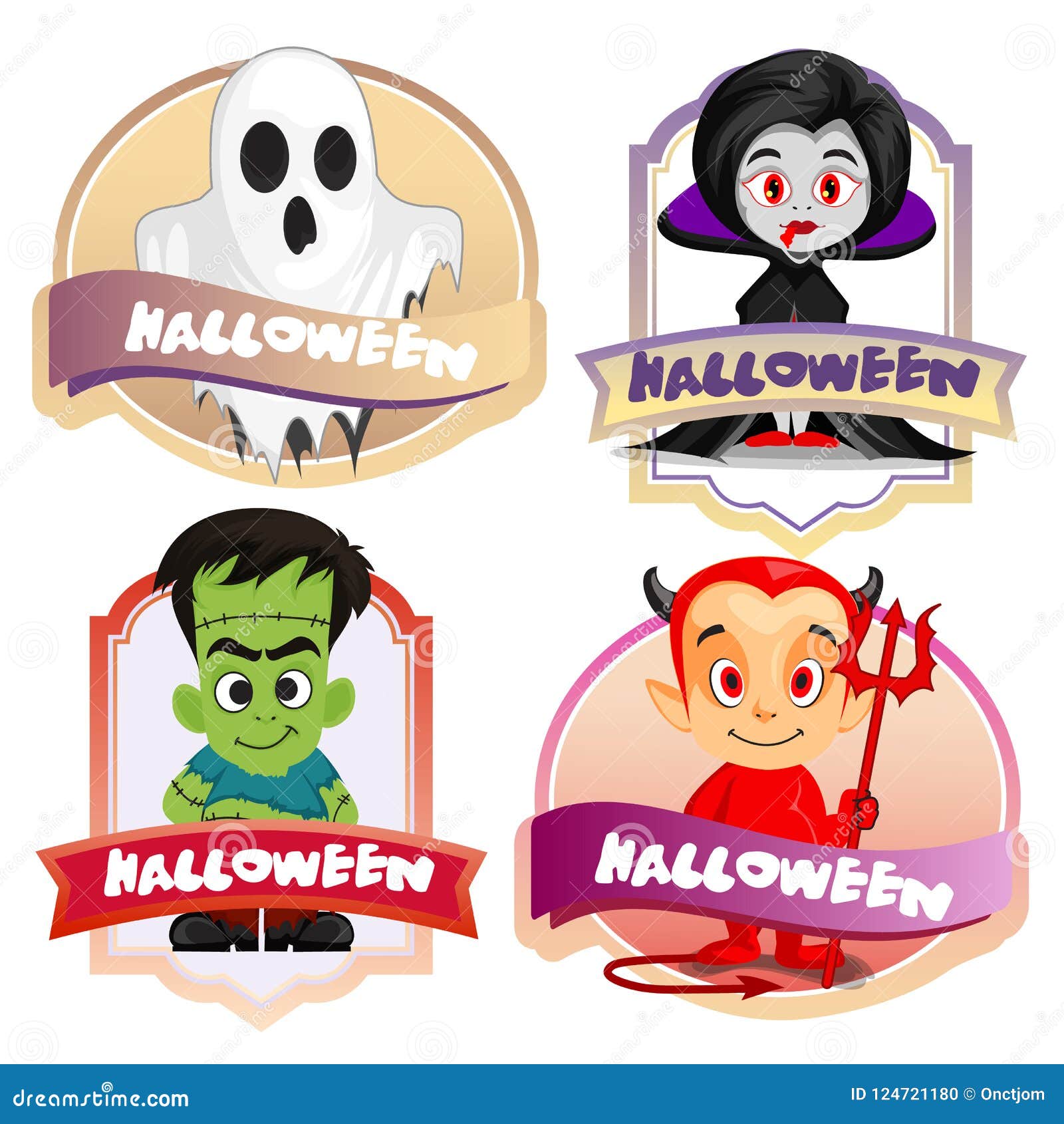 Halloween Cartoon Characters Label Stock Vector - Illustration of house ...