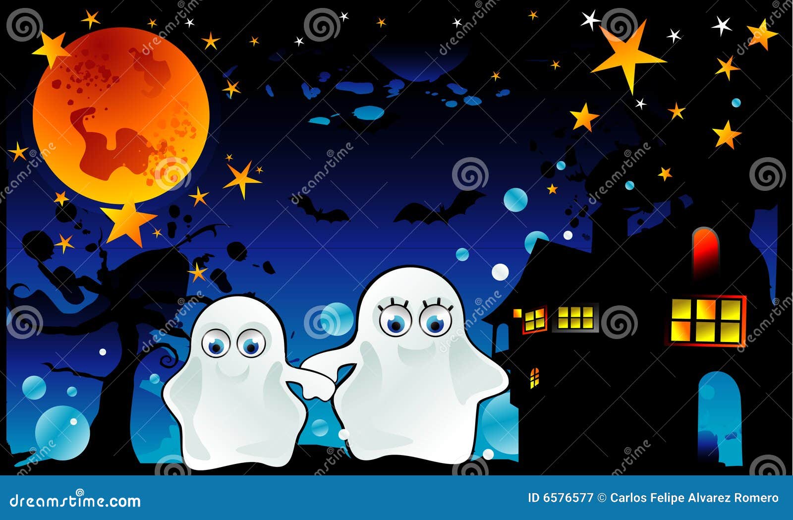 Cartoon Ghost And Full Moon Night Background. Concept Cartoon Halloween ...