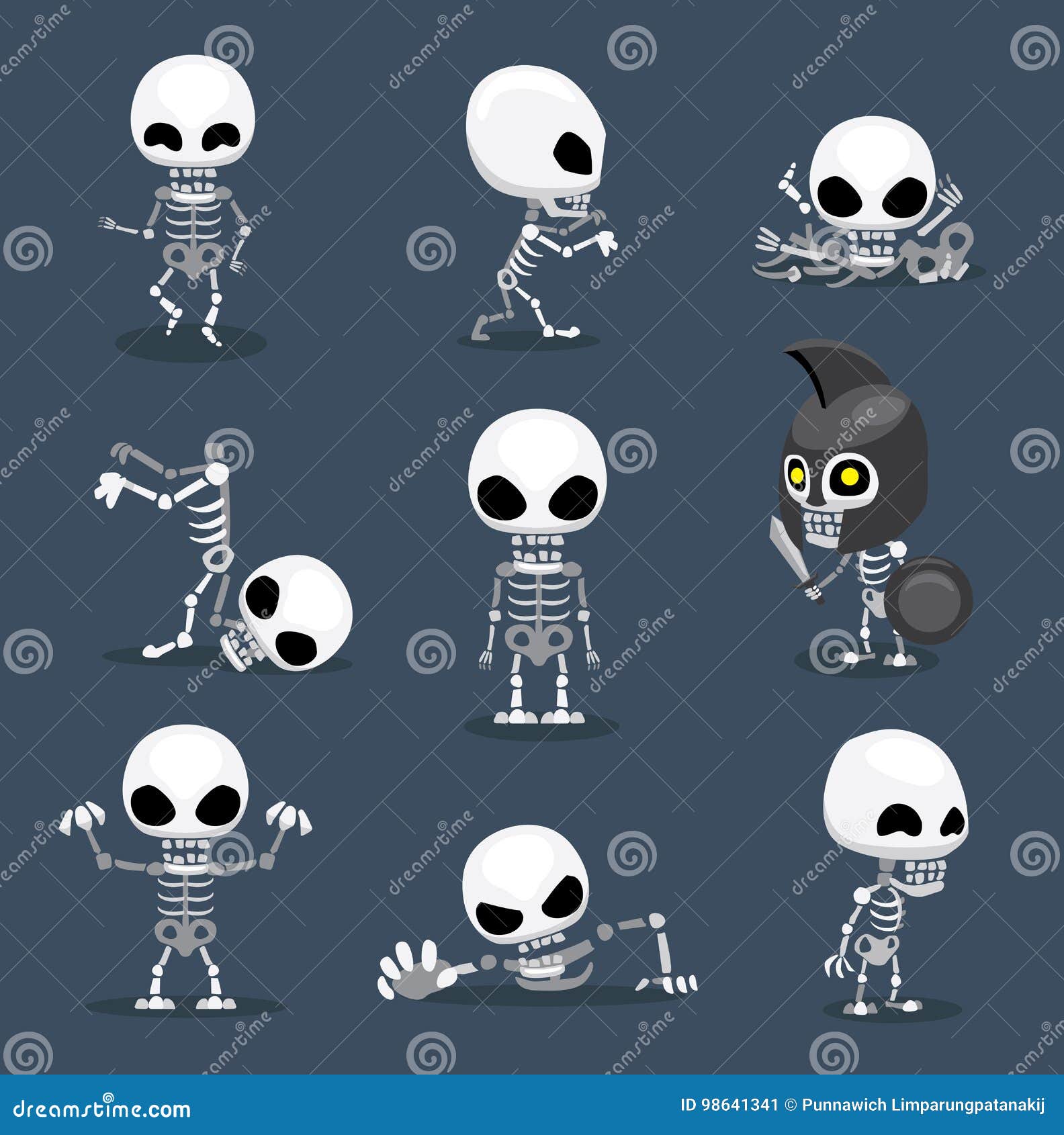 Halloween Character Big Head Poses Skeleton Stock Vector - Illustration ...