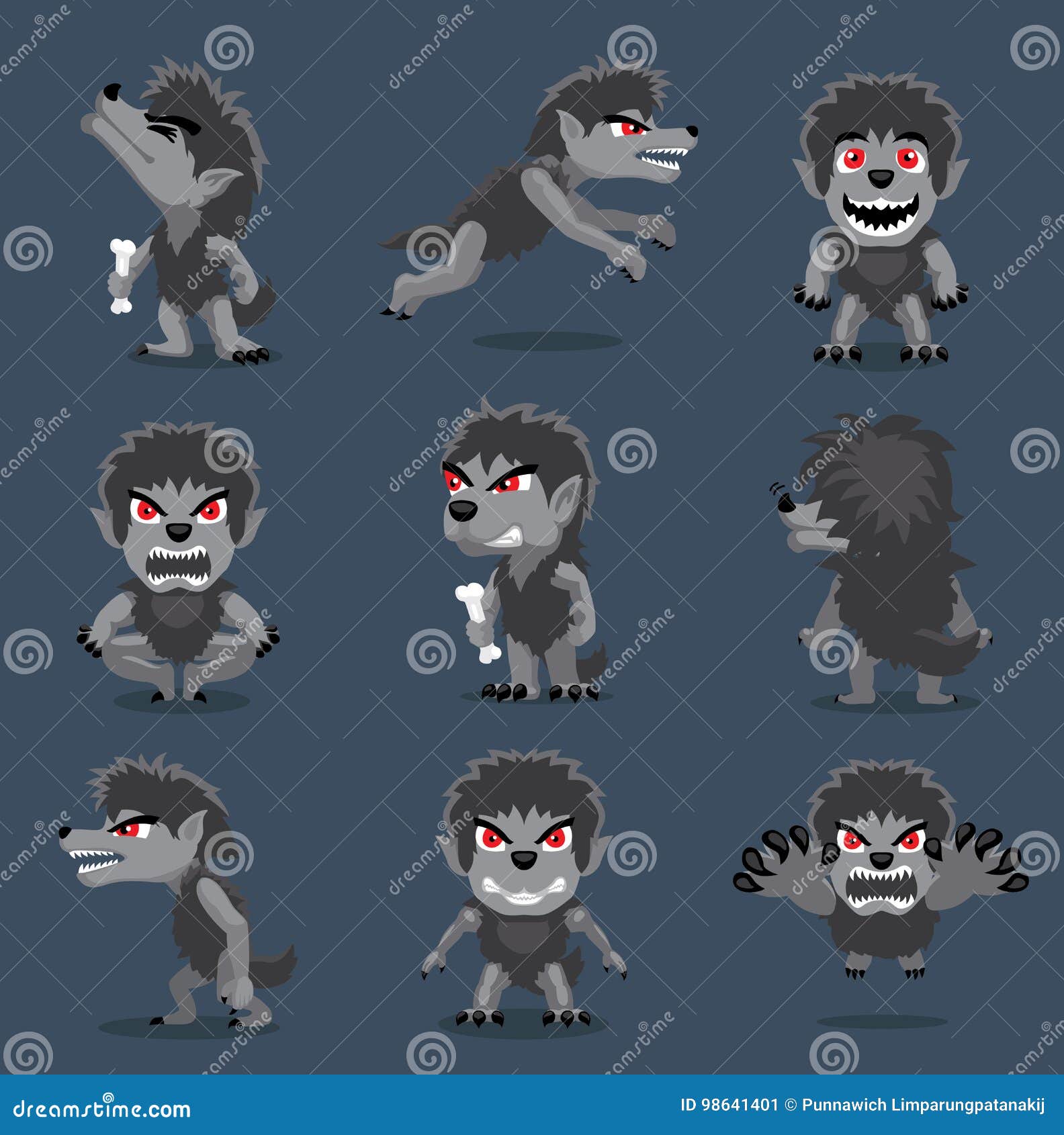 Halloween Character Big Head Poses Werewolf Stock Vector - Illustration ...