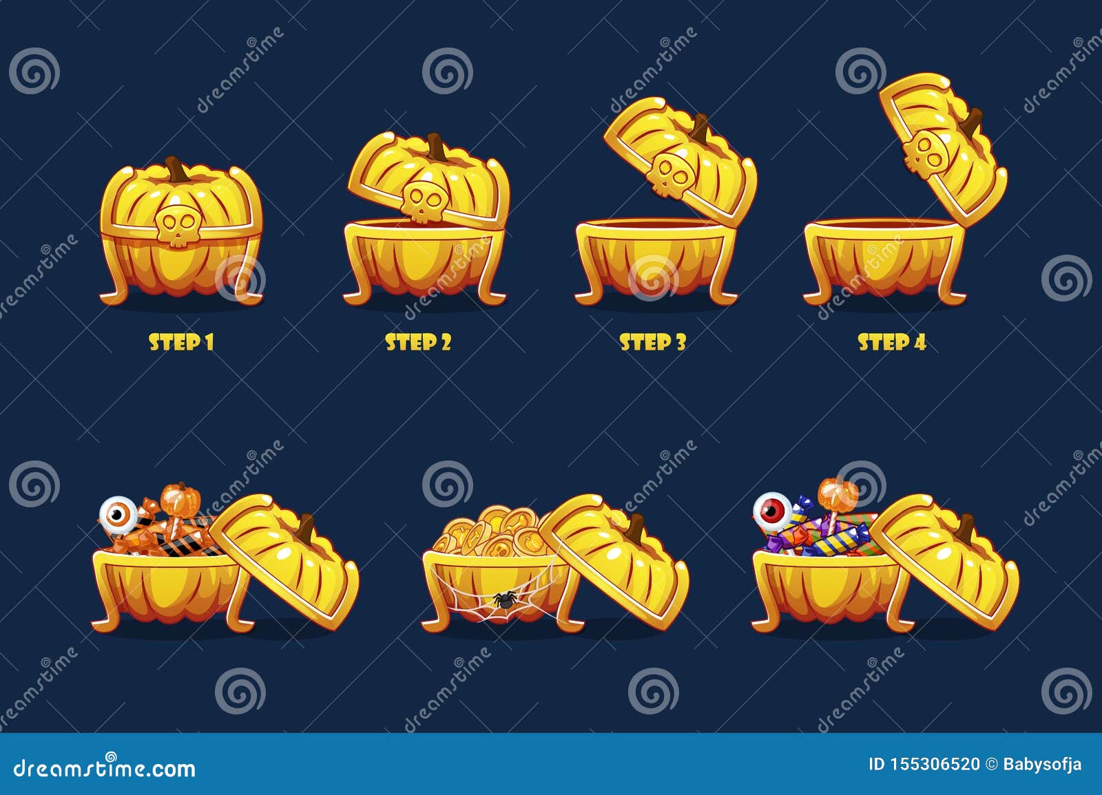 Halloween Chest with Sweets and Coins. Vector Animation Step by Step ...