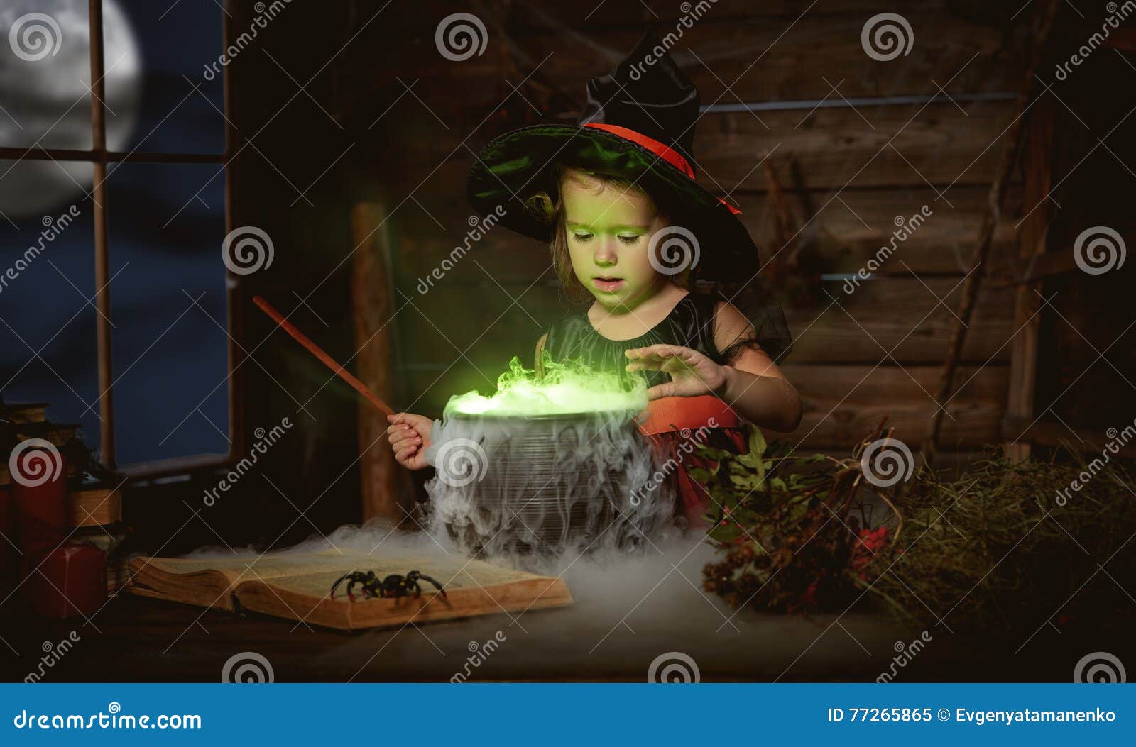 Halloween. Child Girl Witch Preparing Potion in Cauldron Stock Image ...