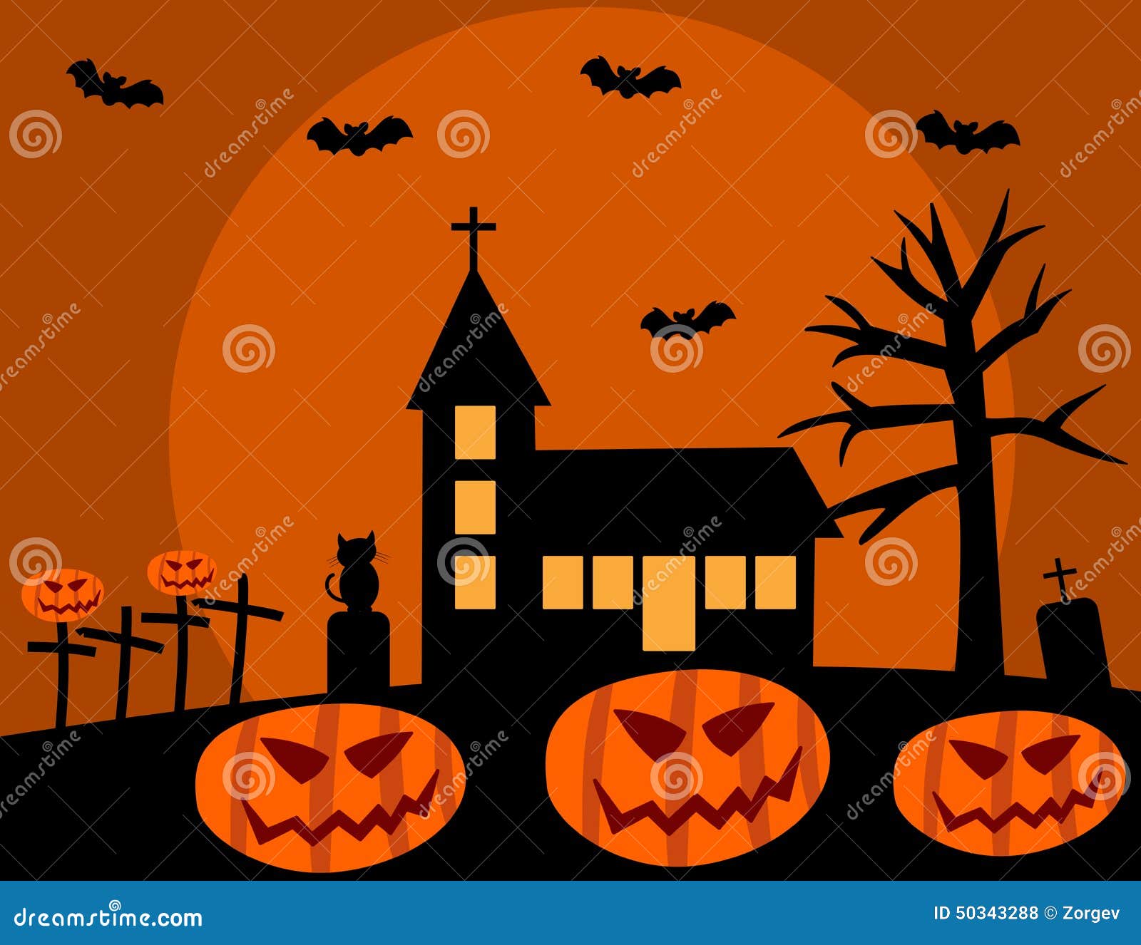 Halloween With Church And Pumpkin Stock Photo - Image: 50343288