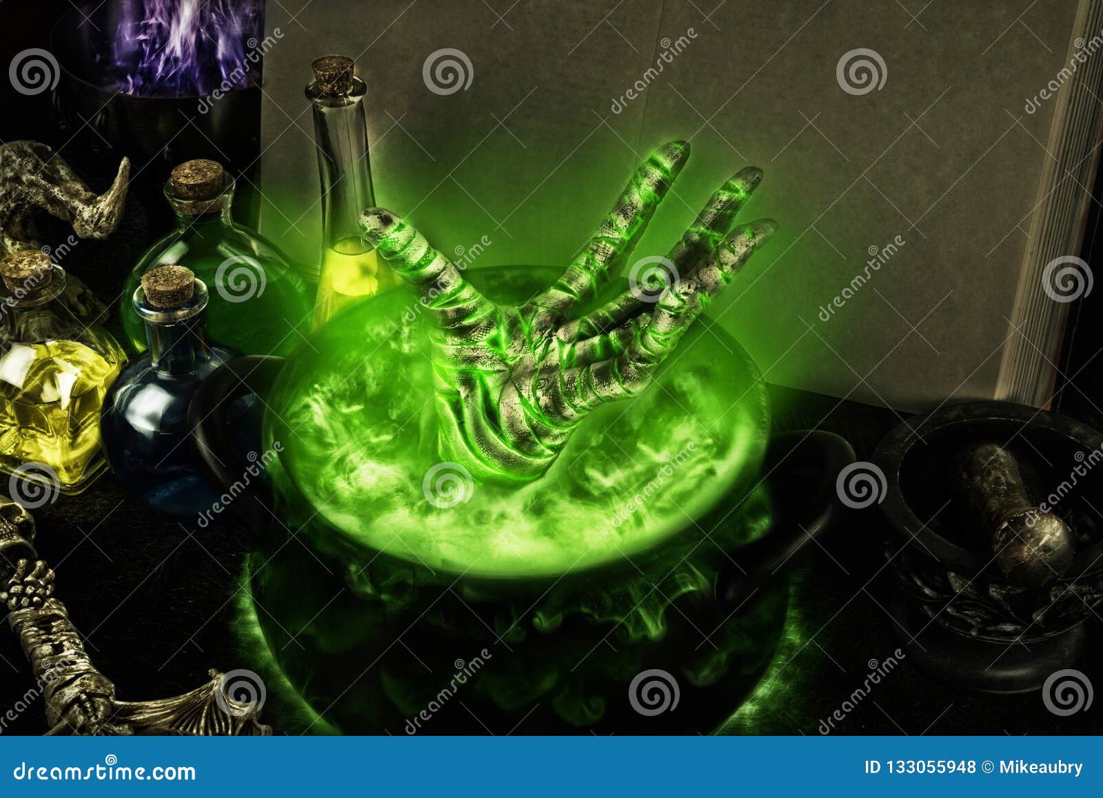 Halloween Composition of Boiling Cauldron, Mysterious Bottles Stock ...