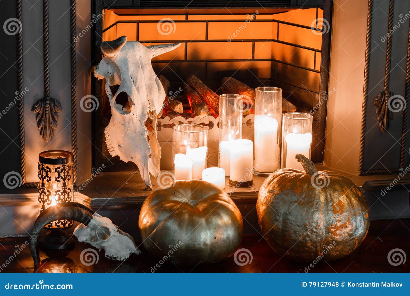 Halloween Composition on Fireplace Closeup. Stock Photo - Image of ...