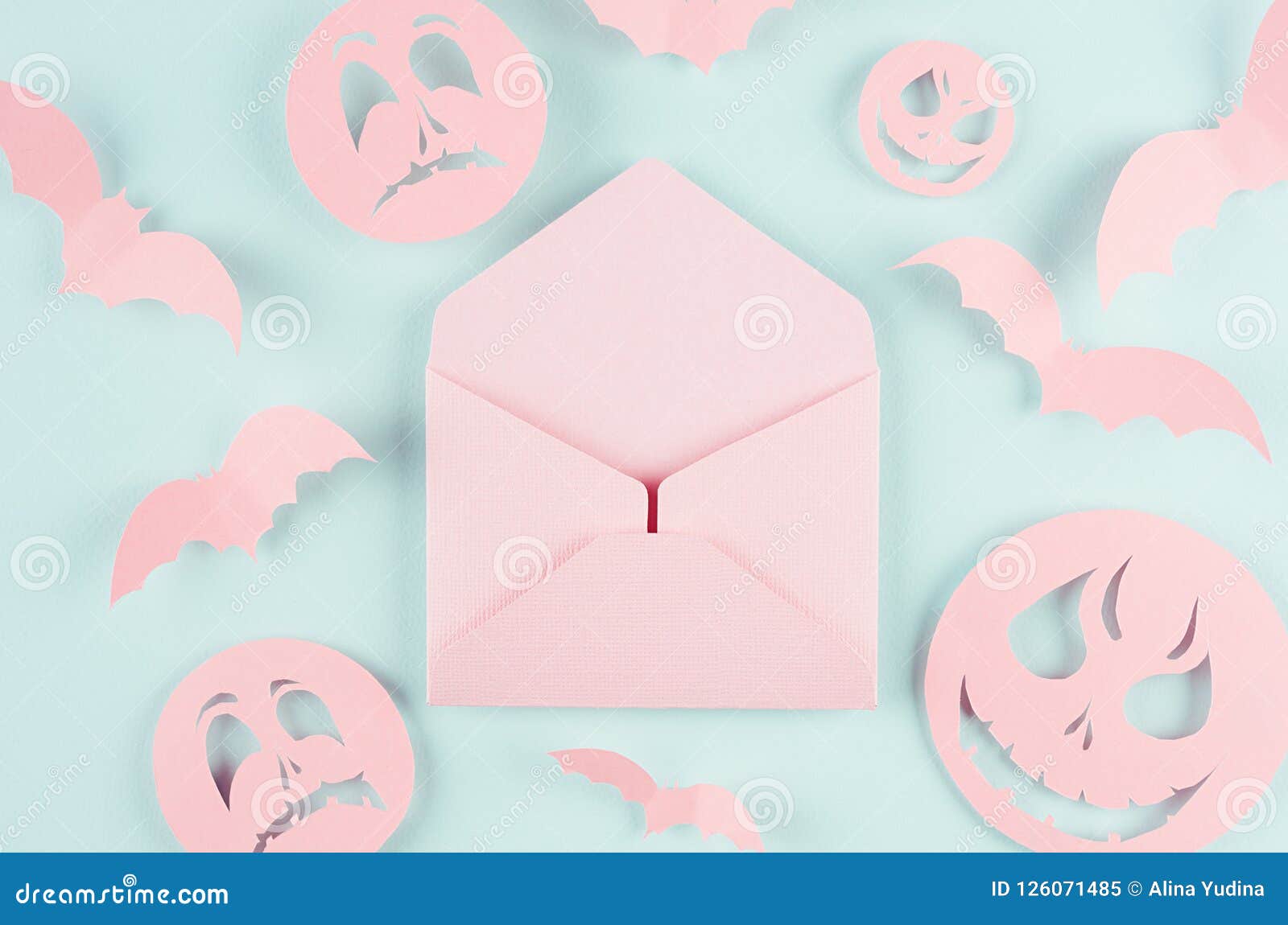 Halloween Concept Art Of Cut Paper - Pink Open Envelop And Flock Bats ...