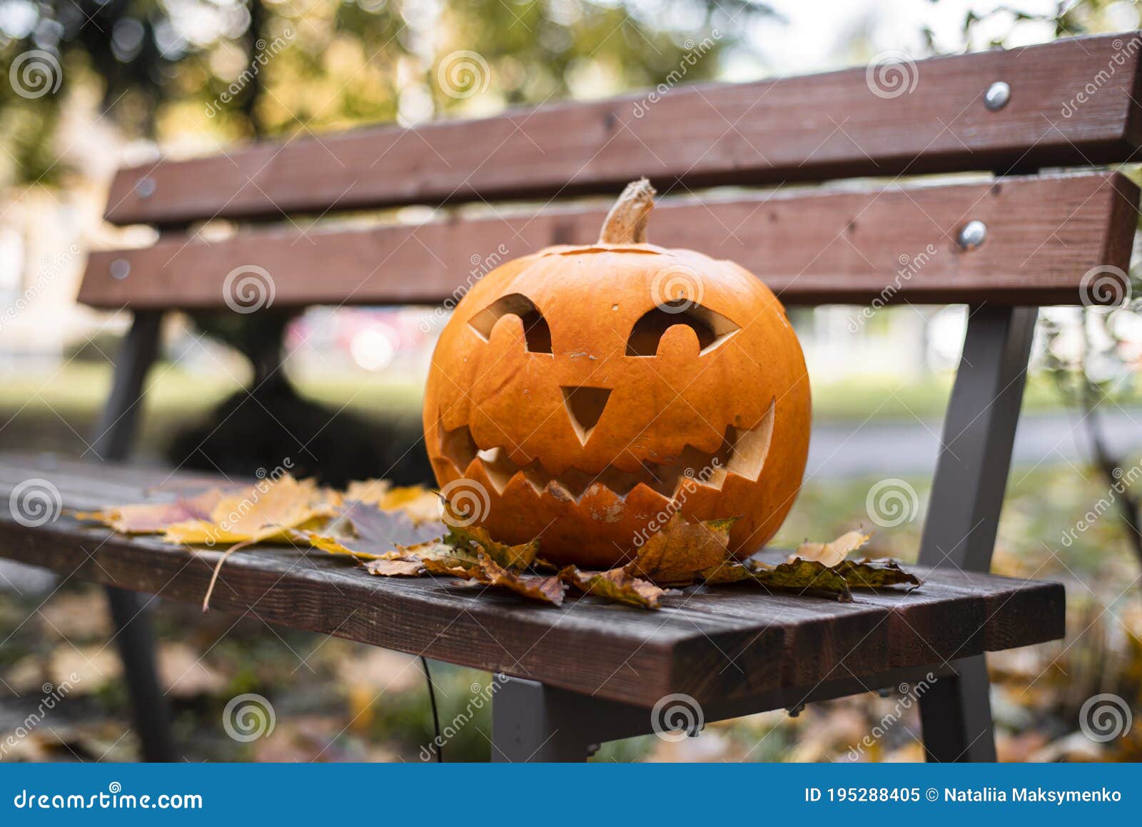 Halloween Concept. Orange Pumpkin for Halloween on a Bench Outside ...