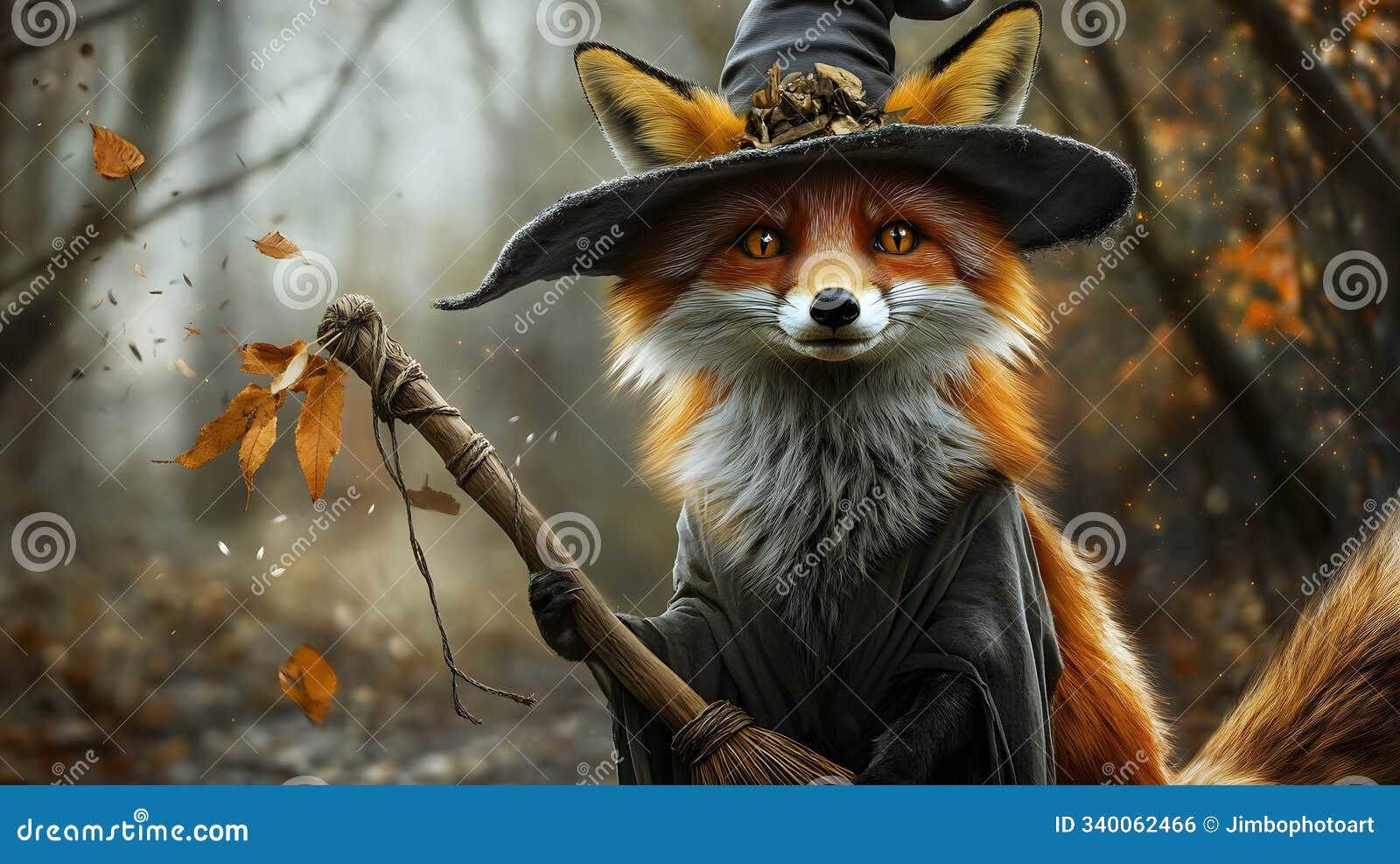 Fox Dressed As a Witch with a Pointy Hat and Broom Stock Illustration ...