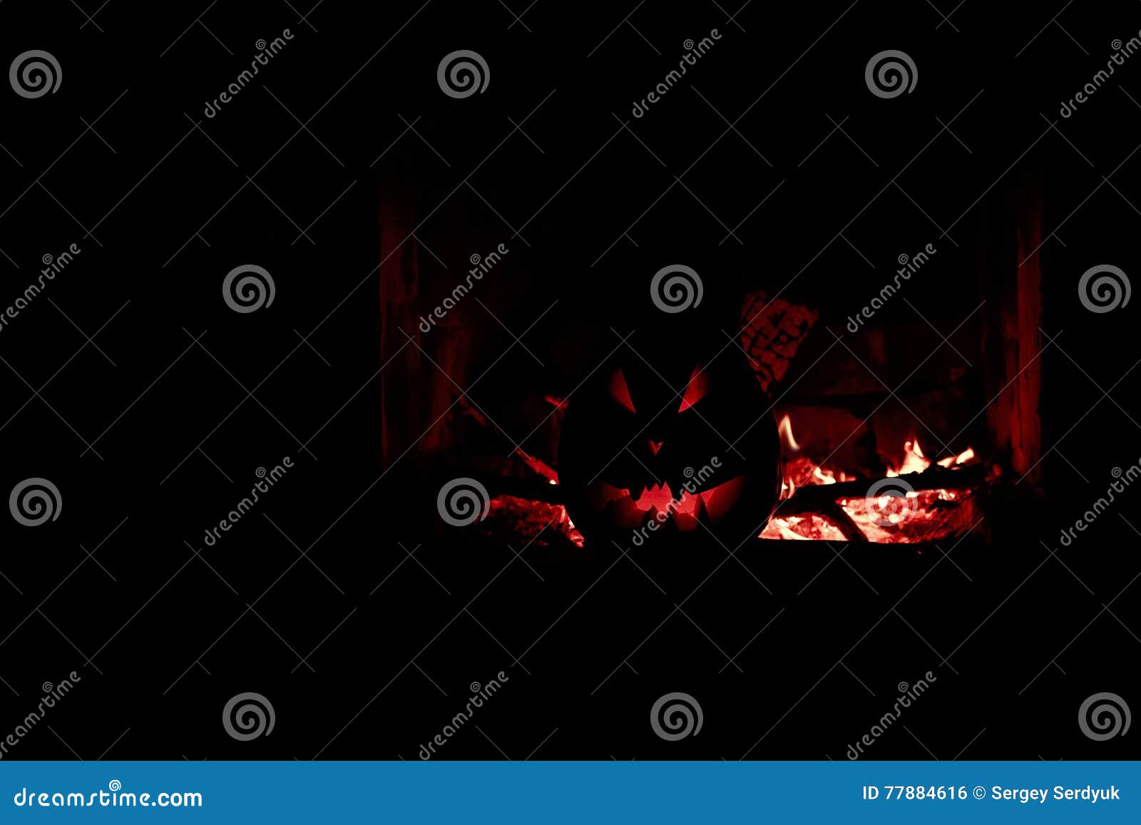 Halloween Creepy Pumpkin Fireplace with Fire, Isolated in the Da Stock ...
