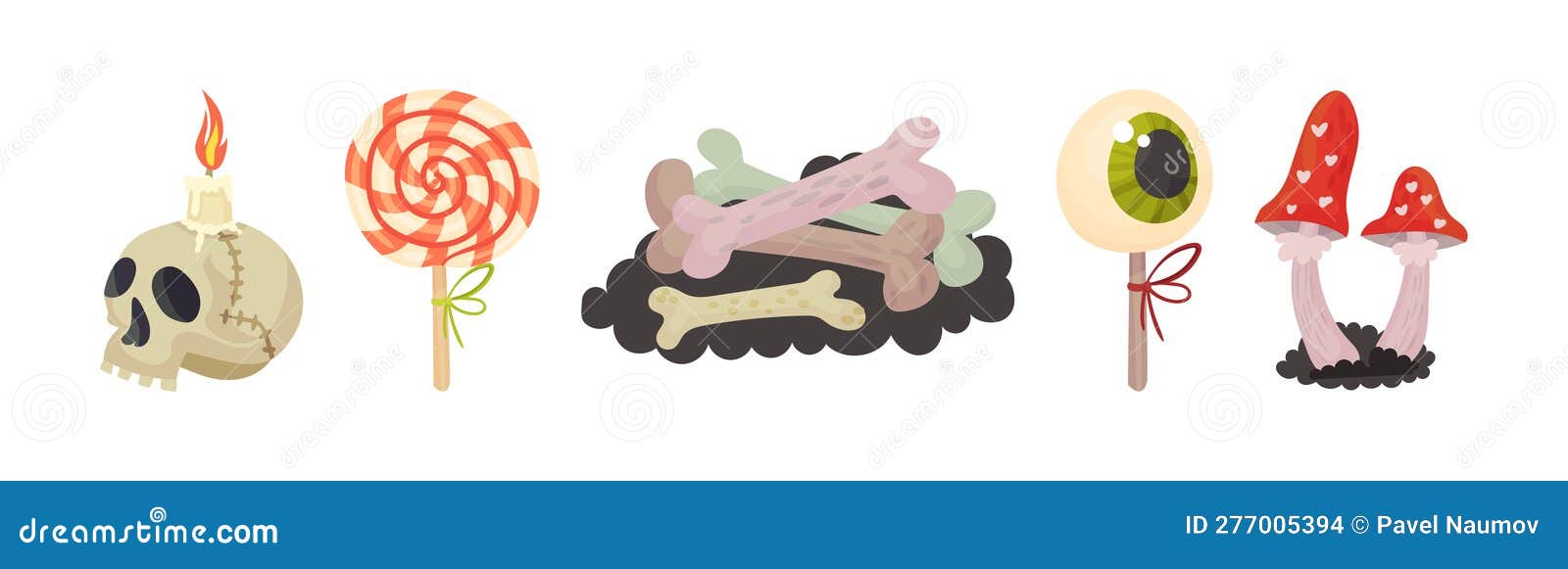 Halloween with Creepy Skull, Candy, Bones, Eye and Toadstool Vector Set ...