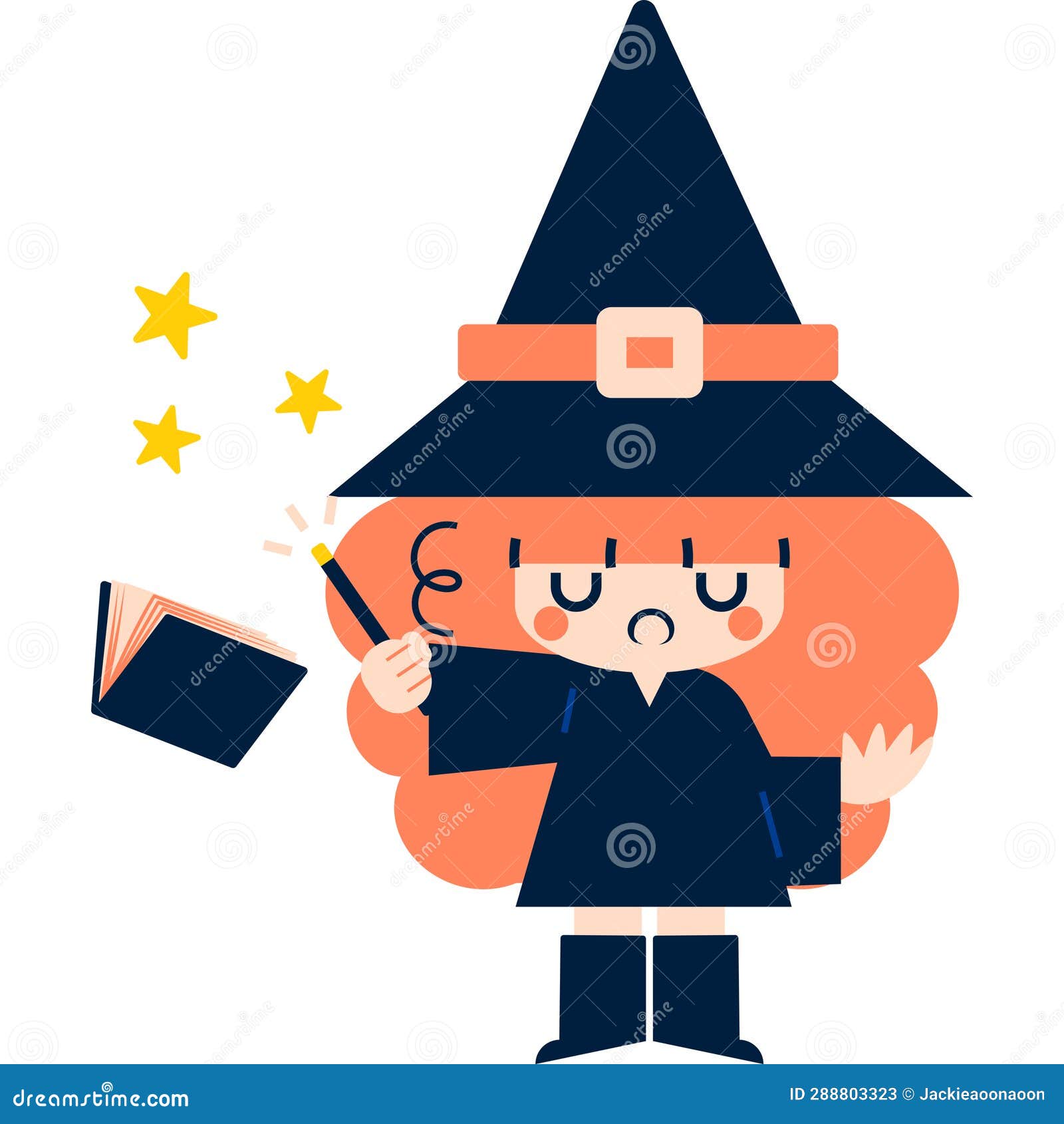 Halloween Cute Cartoon Witch Casts a Spell with a Magic Wand, Making ...