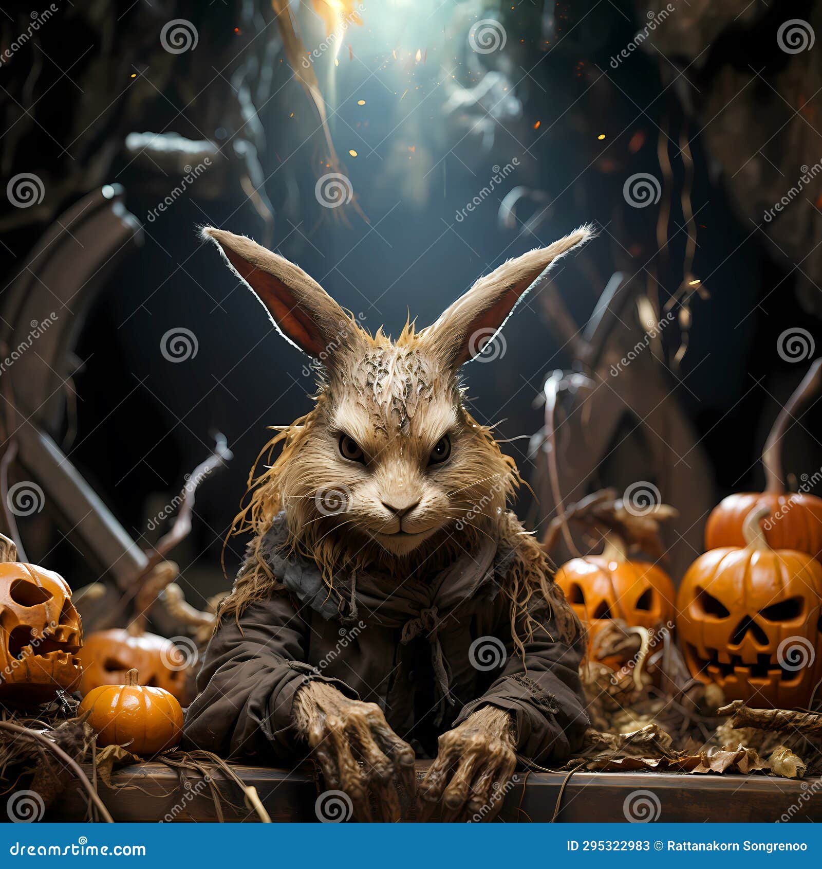 Halloween Cute Scary Rabbit and Pumpkins in Nature Stock Illustration ...