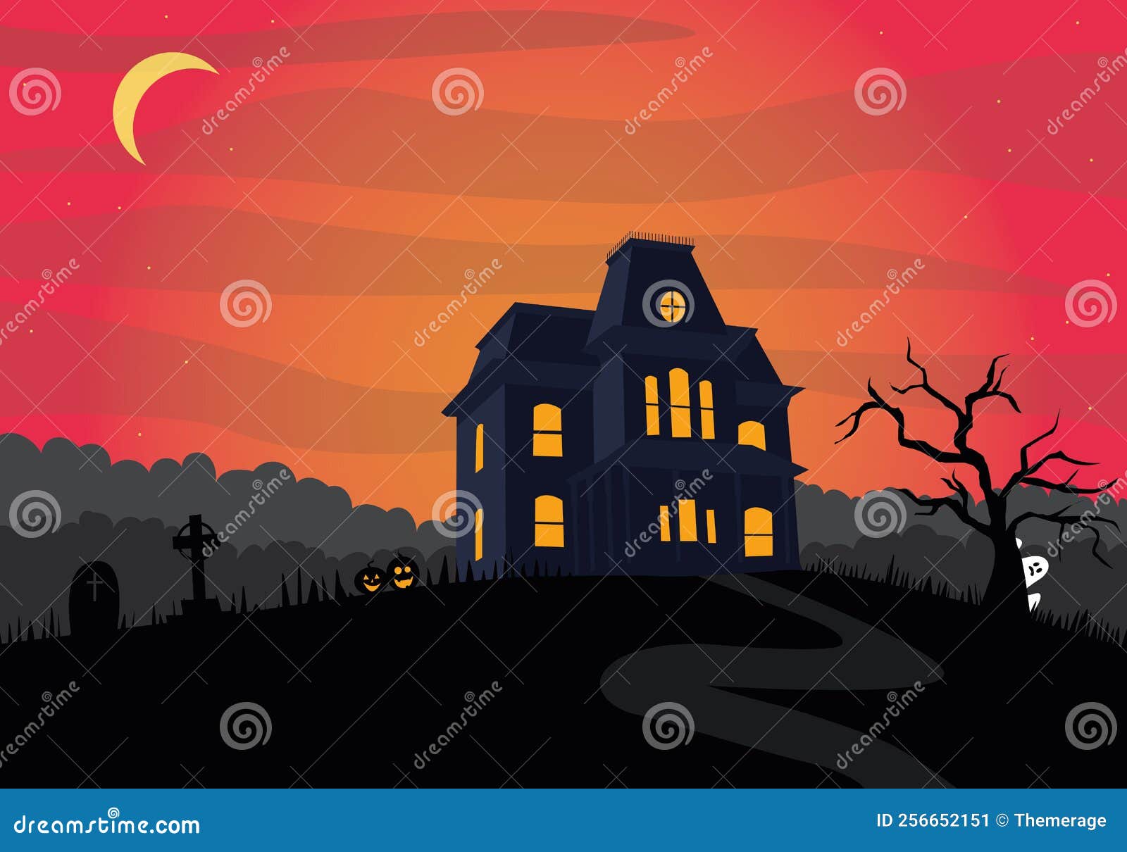 Halloween Dark Scary Gothic House Withe Red Sky Stock Vector ...