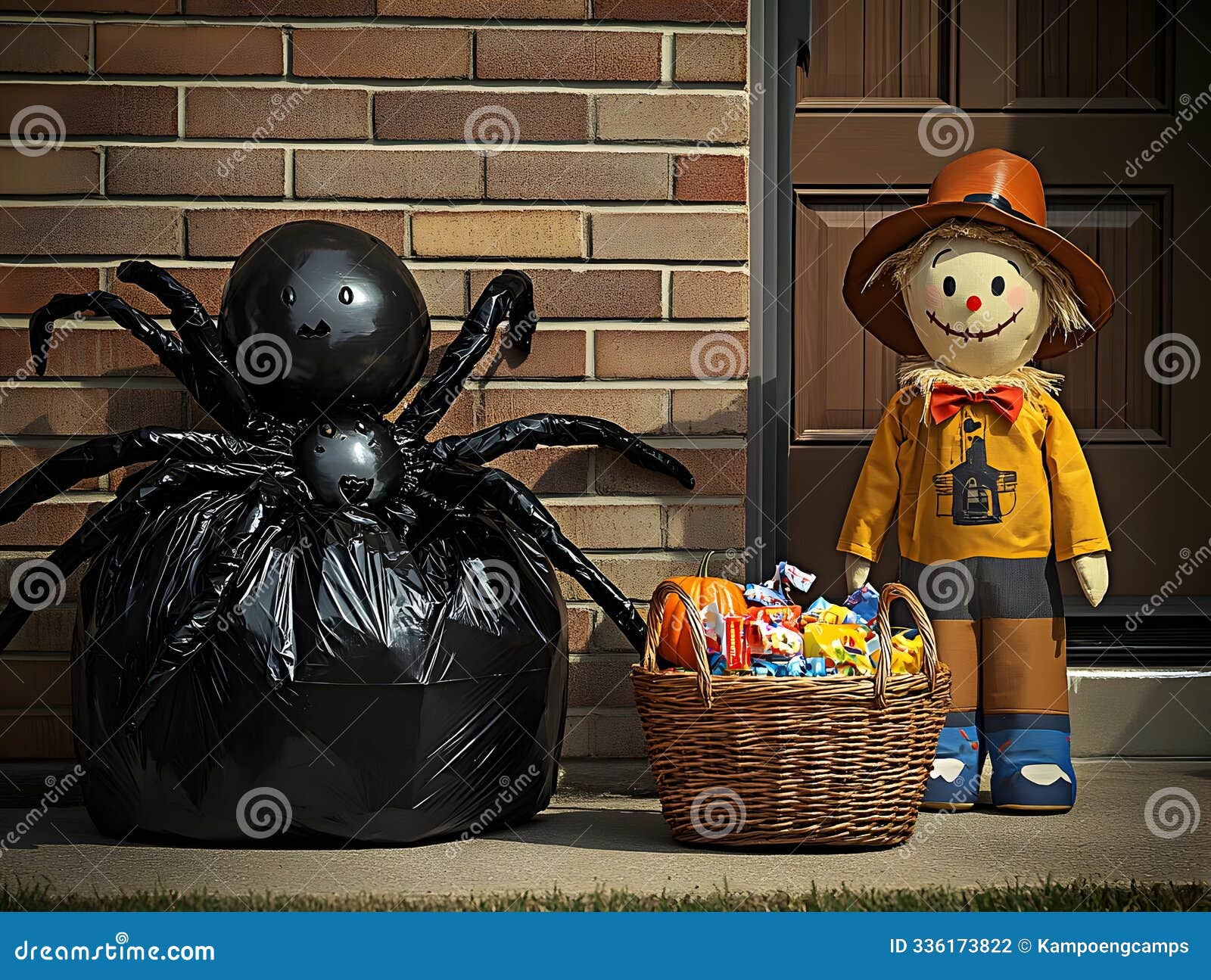 Halloween Decorations Featuring a Spider and a Scarecrow with a Basket ...