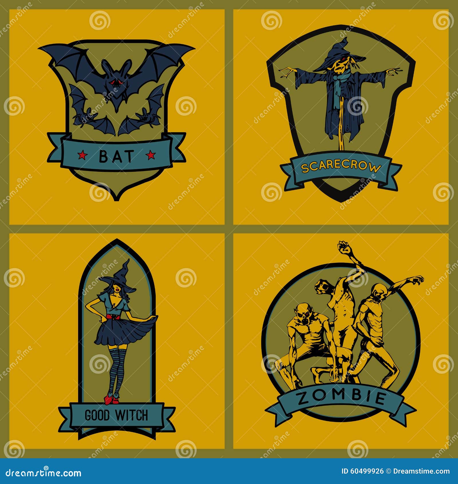 Halloween Emblems. Cartoon Labels With Traditional Horror Symbols And ...