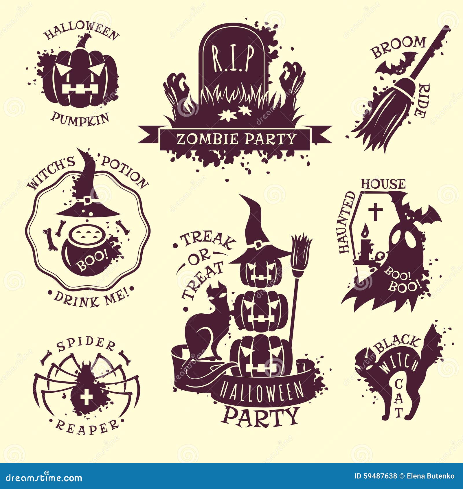 Halloween Emblems. Cartoon Labels With Traditional Horror Symbols And ...