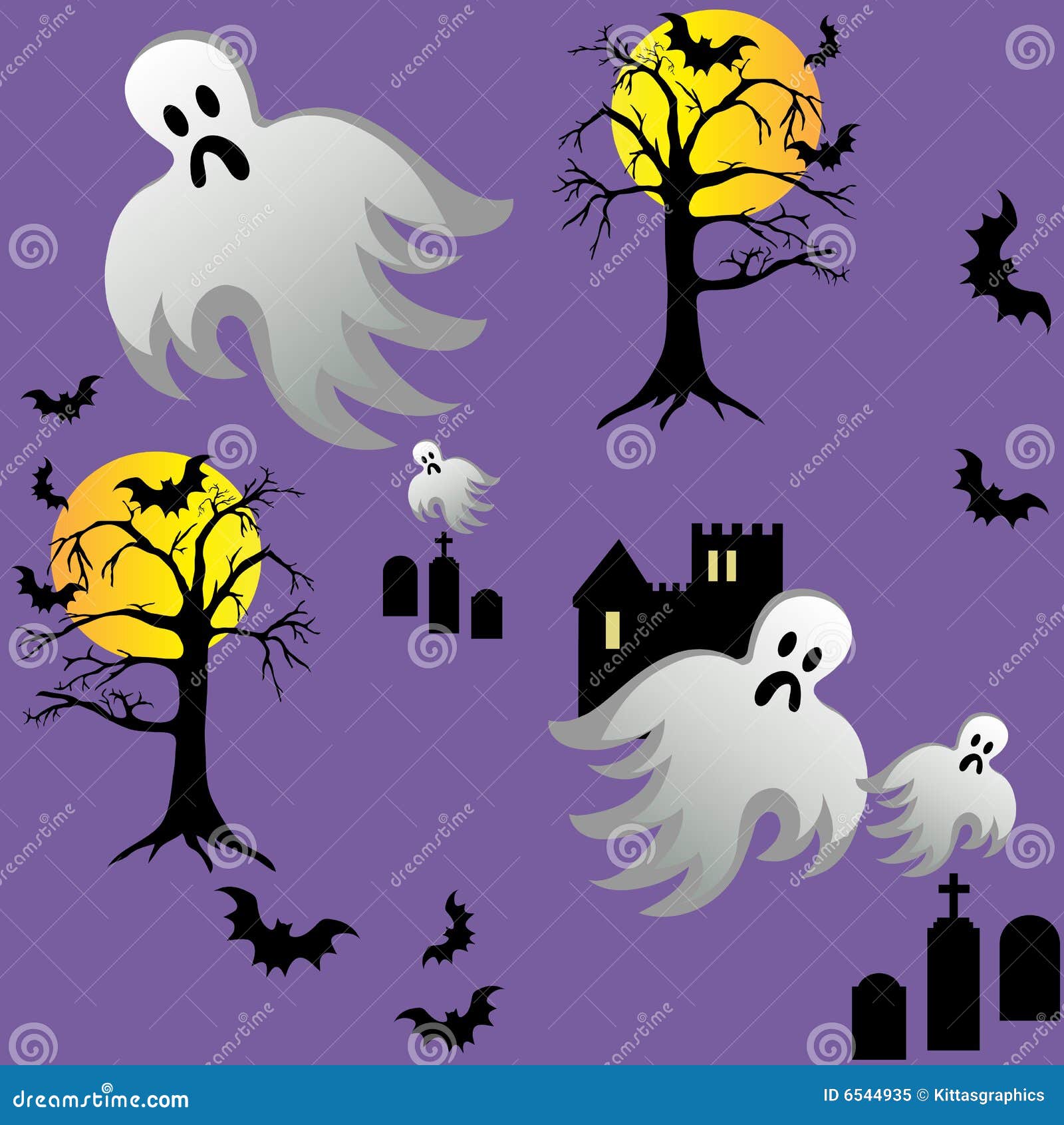Halloween Ghost Bats Castle Graves at Night Stock Vector - Illustration ...