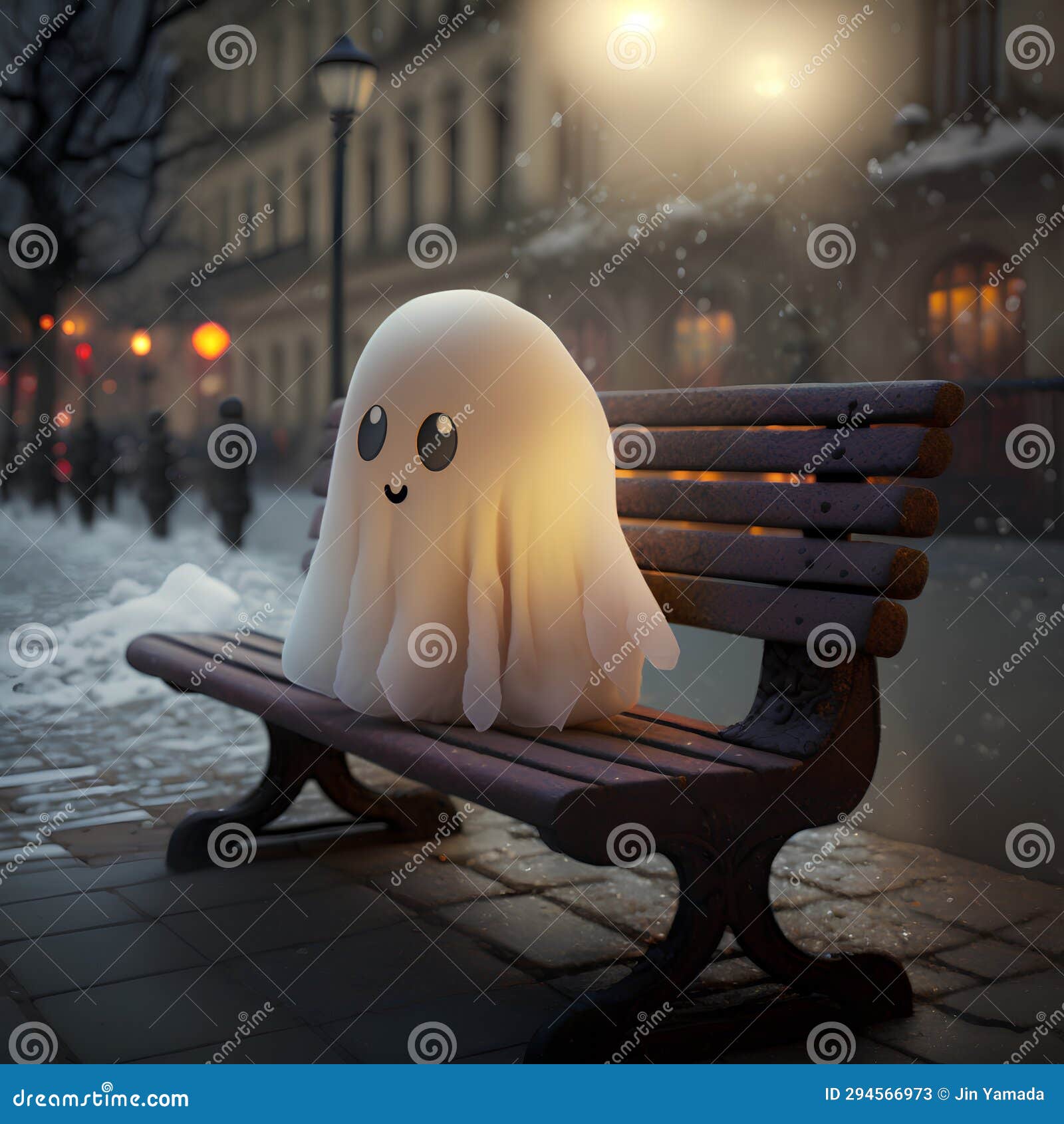 Halloween Ghost on a Bench at Night in the City. 3d Rendering Stock ...