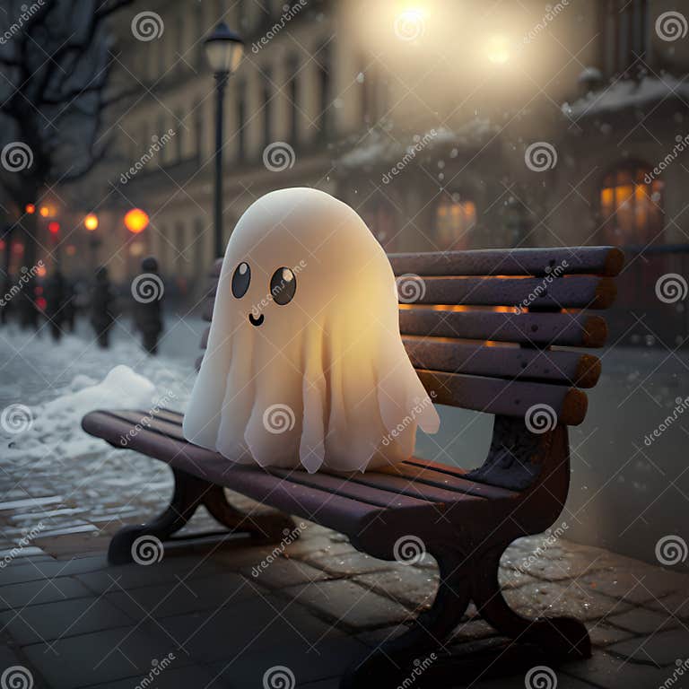 Halloween Ghost on a Bench at Night in the City. 3d Rendering Stock ...
