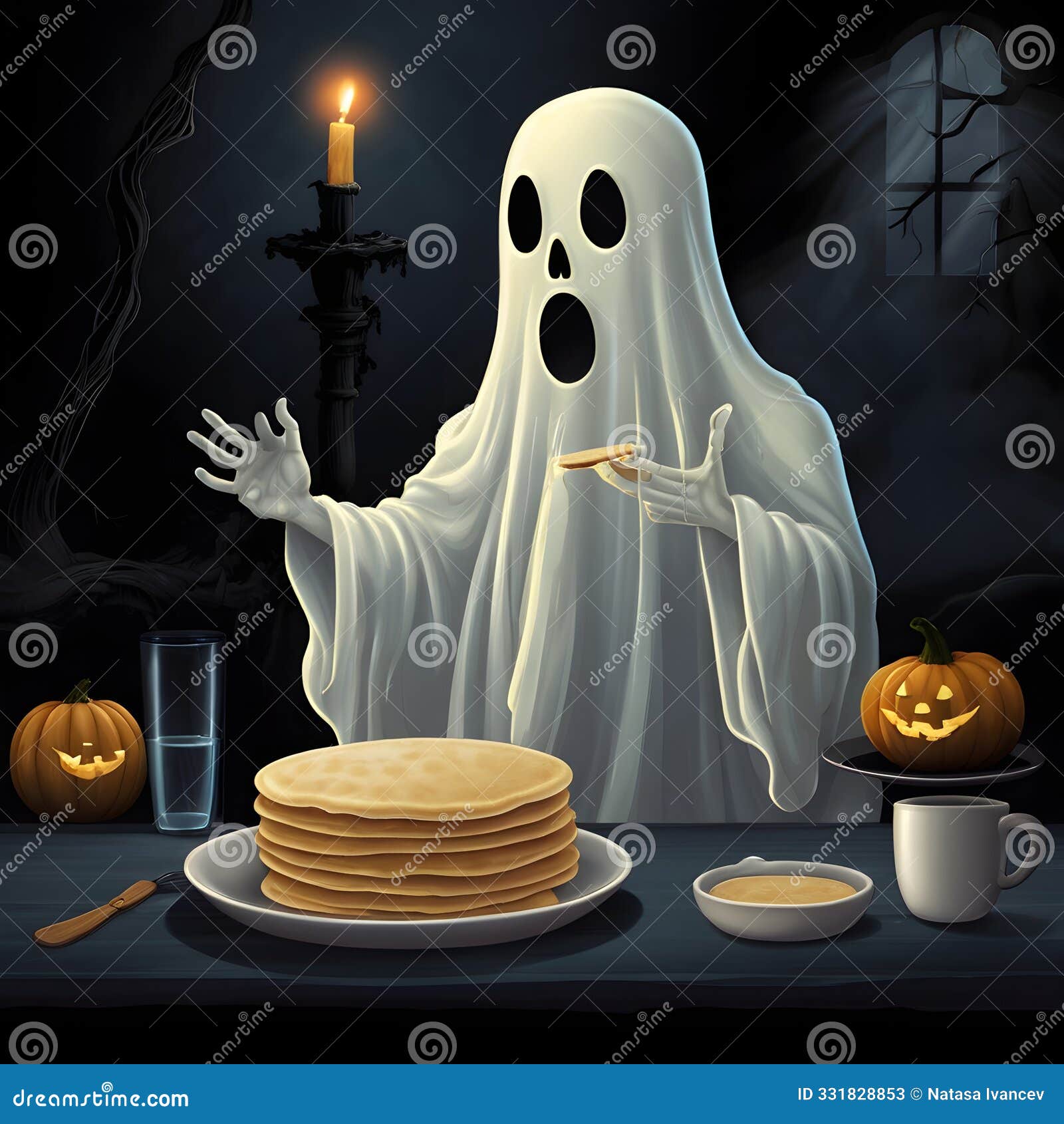 Halloween Ghost Eating Pancakes in Dark Room Stock Illustration ...