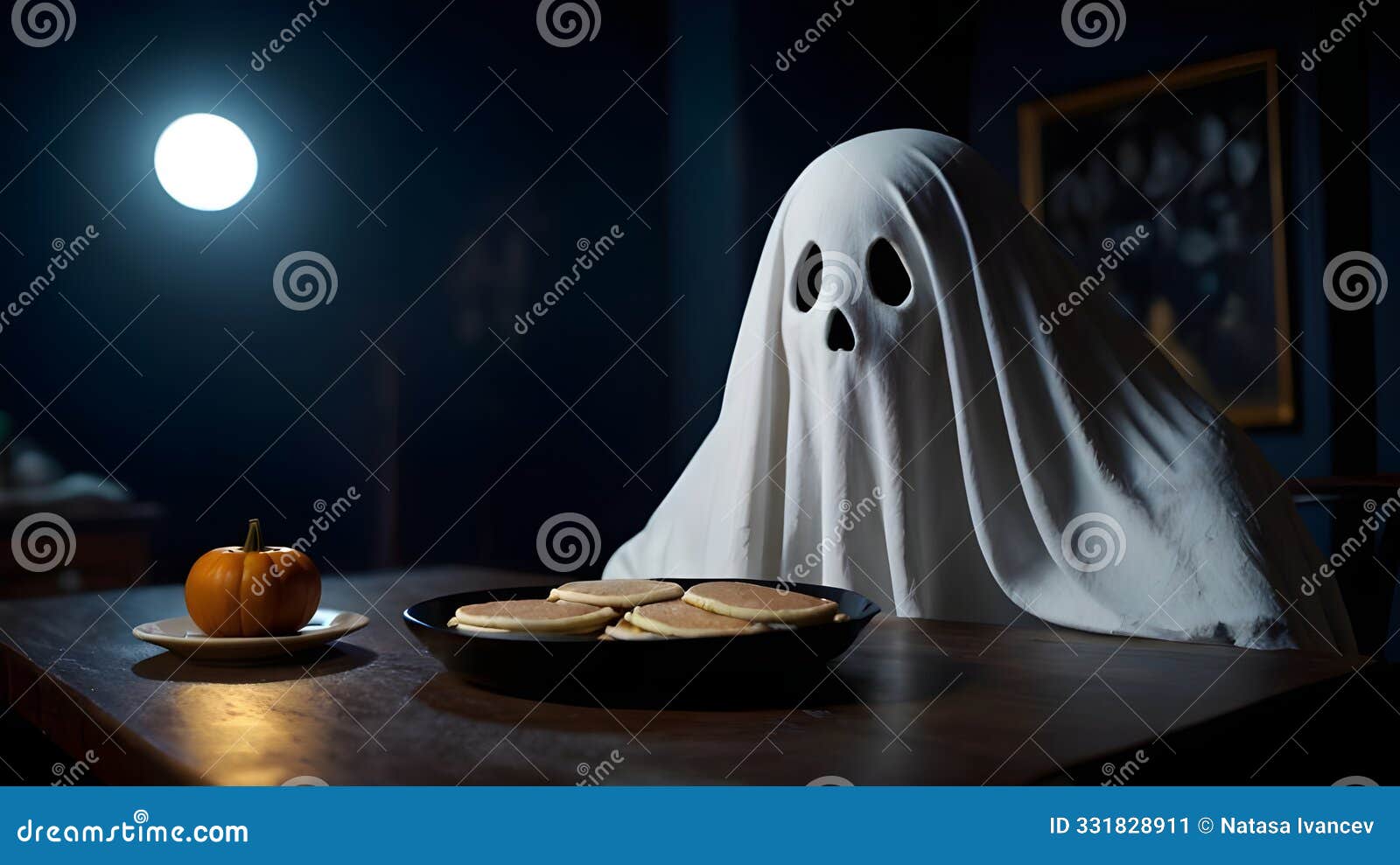 Halloween Ghost Eating Pancakes in Dark Room Stock Illustration ...