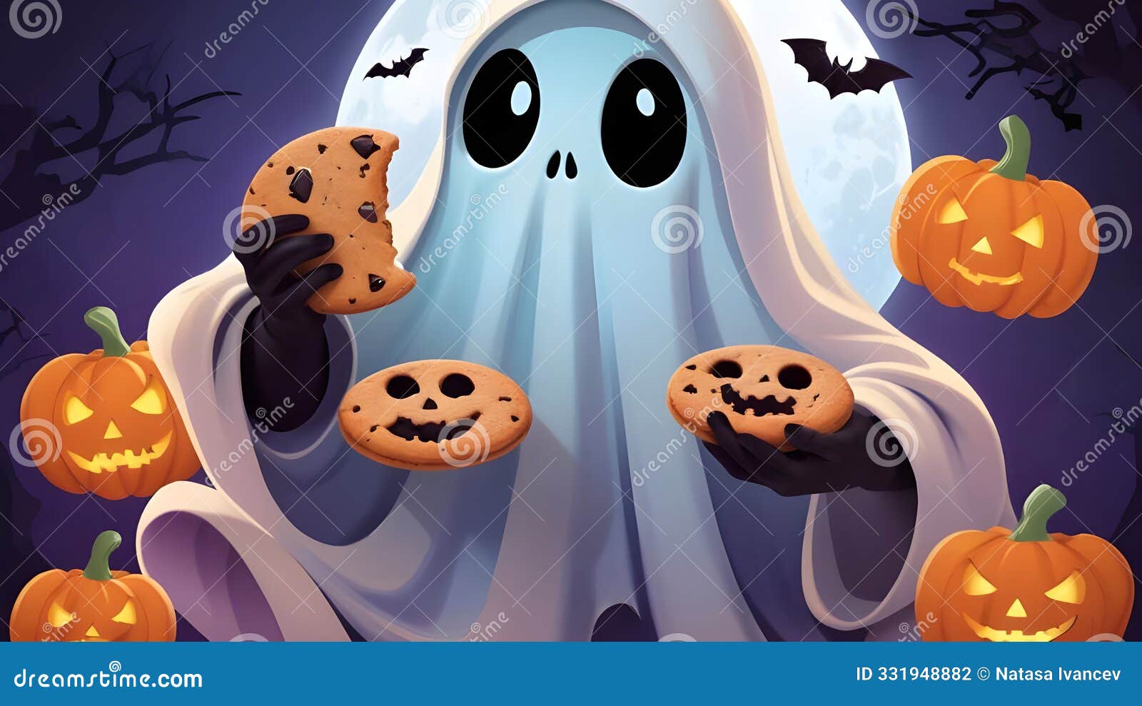 Halloween Ghost Eating Round Cookies Biscuits Stock Illustration ...