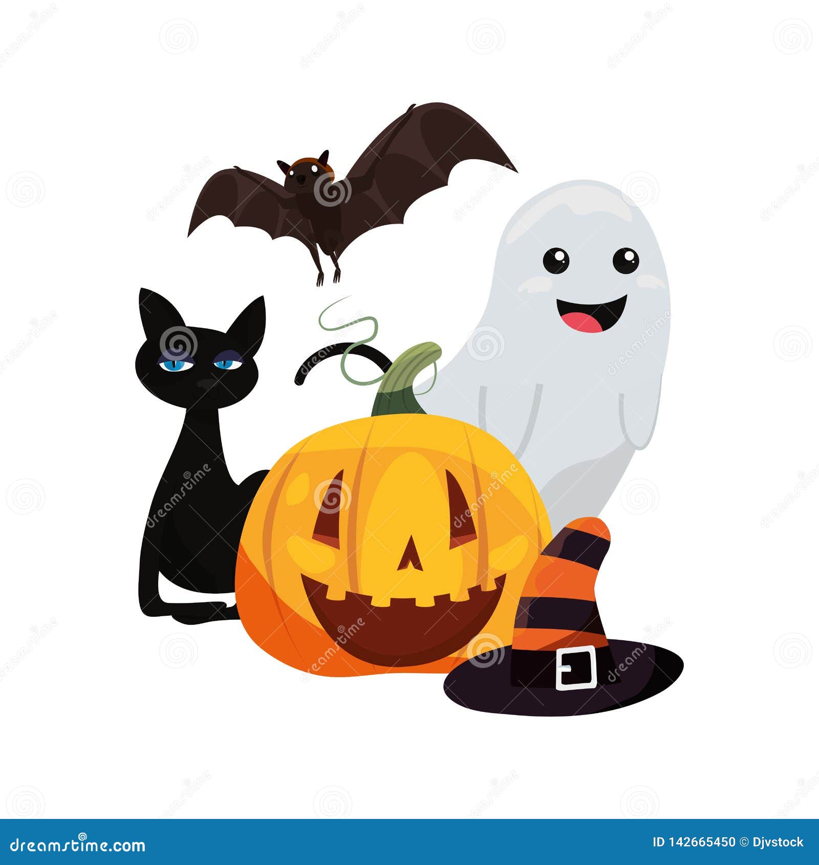 Halloween Ghost Pumpkin Hat Cat and Bat Stock Vector - Illustration of ...