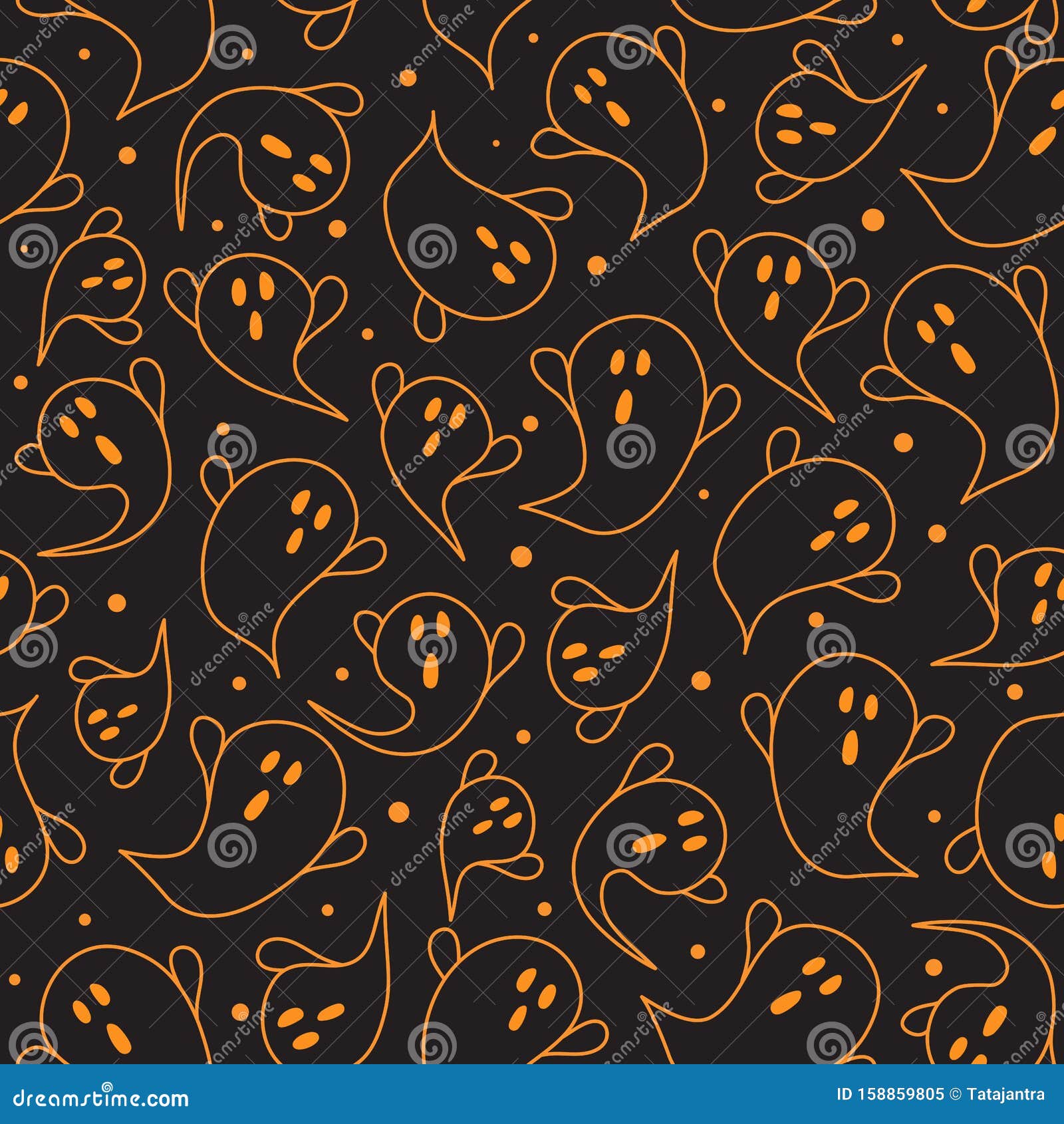 Halloween Ghost Seamless Pattern on Black Background. Cute Halloween ...
