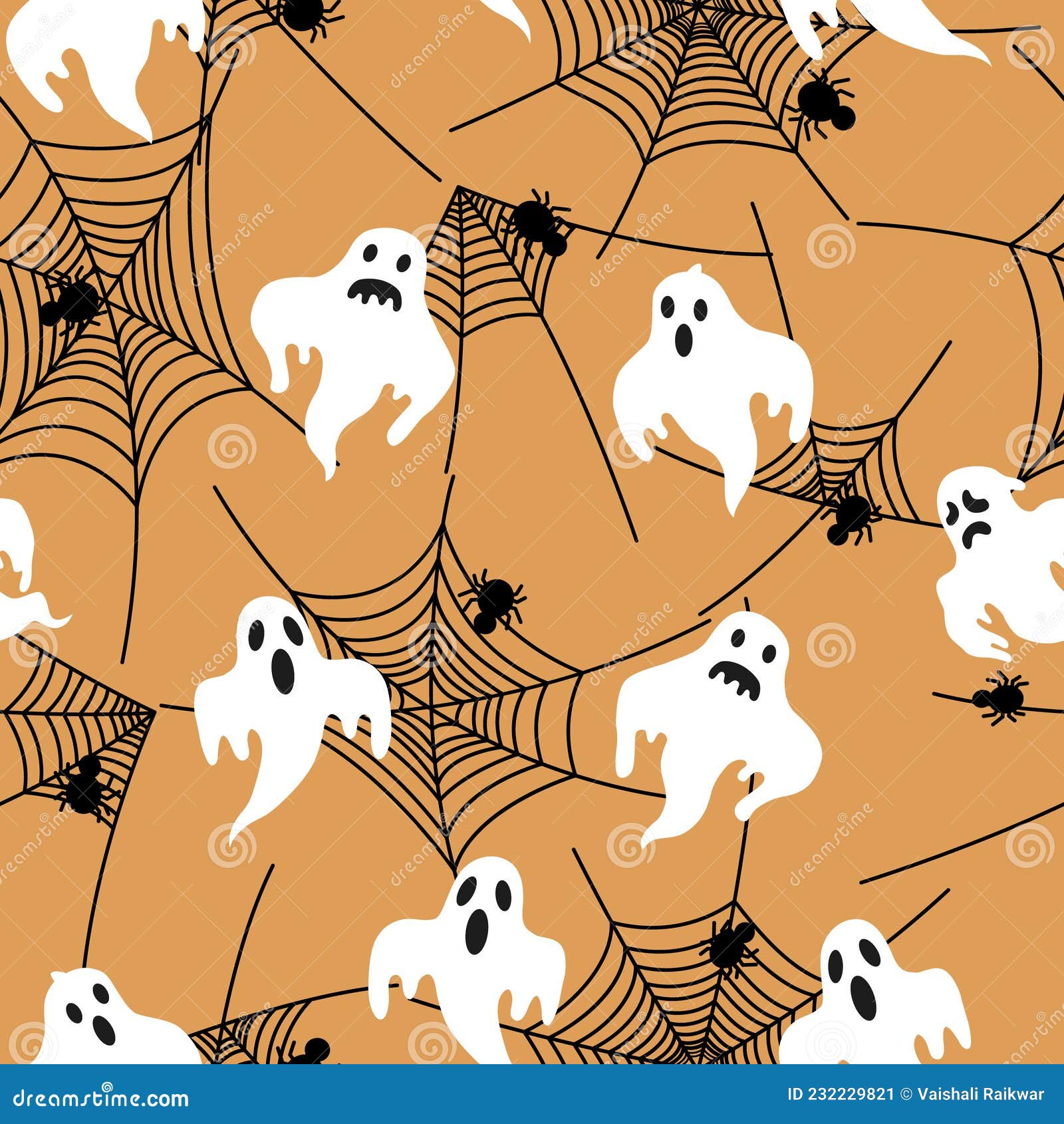 Halloween Ghosts with Spiderwebs Vector Seamless Repeat Pattern. Stock ...