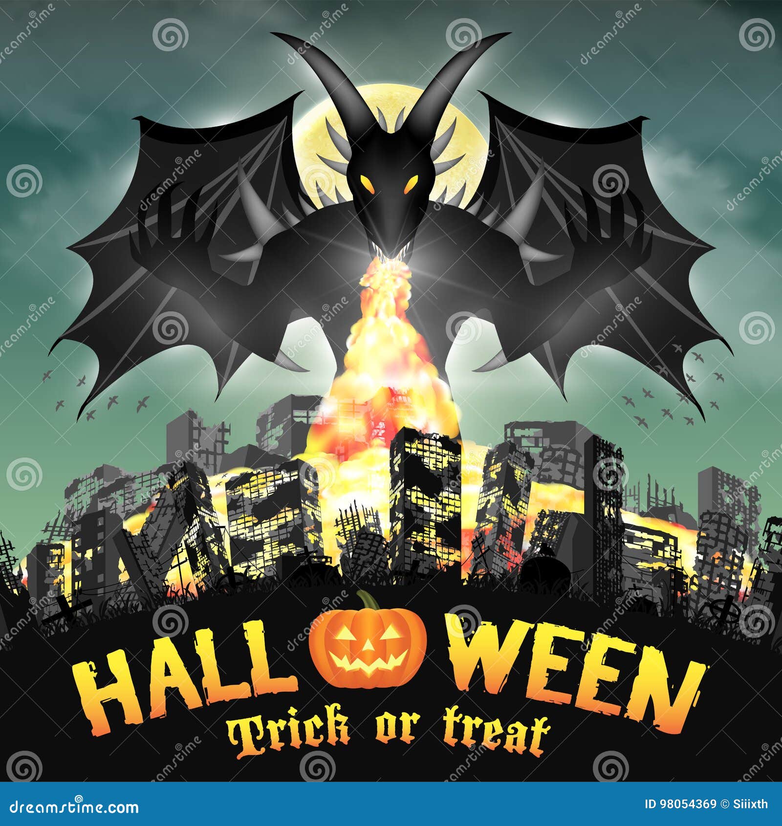 Halloween Giant Devil Monster Destroy City by Fire Stock Vector ...