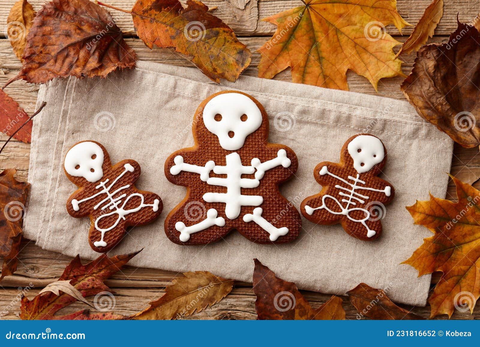 Halloween Gingerbread Skeleton Biscuits and Fall Leaves Stock Photo ...