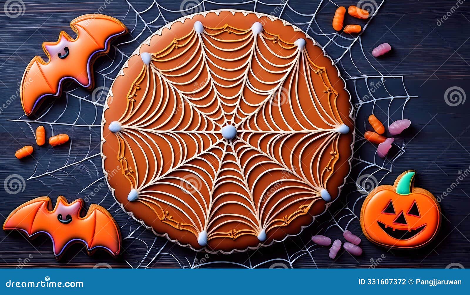 Halloween Gingerbread Spider Web and Bat on an Orange Background Top ...