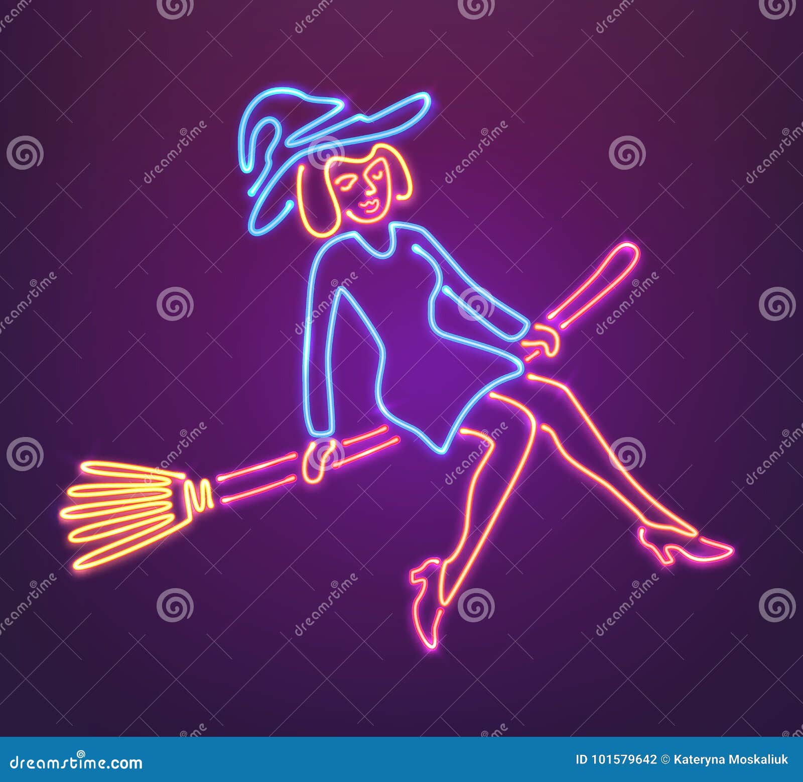Halloween Glowing Signboard. Vector Illustration with Neon Witch on ...