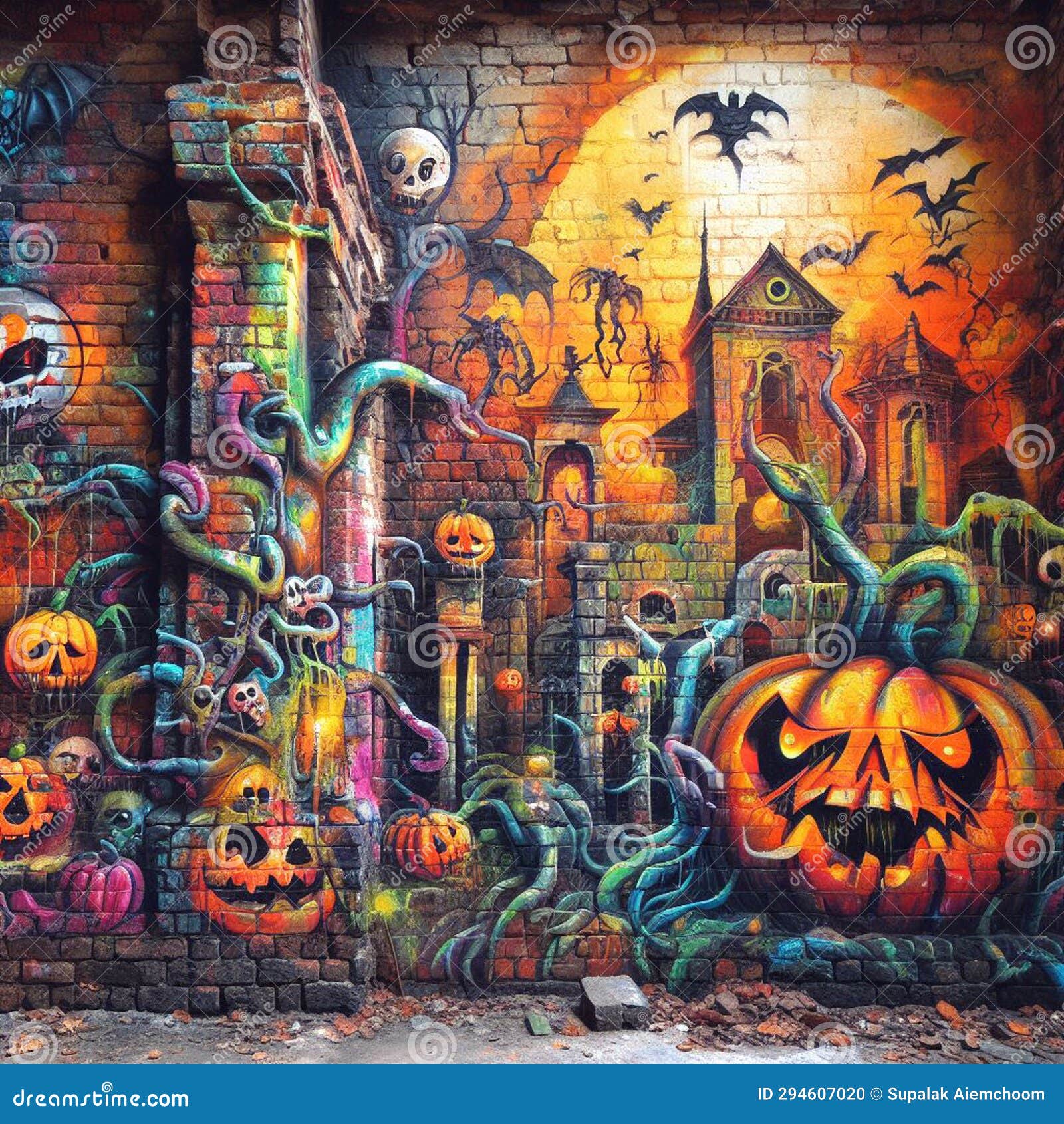 Halloween Graffiti Art on Bricks Wall Stock Illustration - Illustration ...