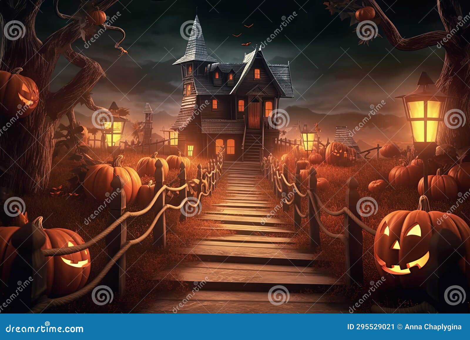 Halloween Haunted Farm House, Spooky Path with Pumpkins Stock Image ...