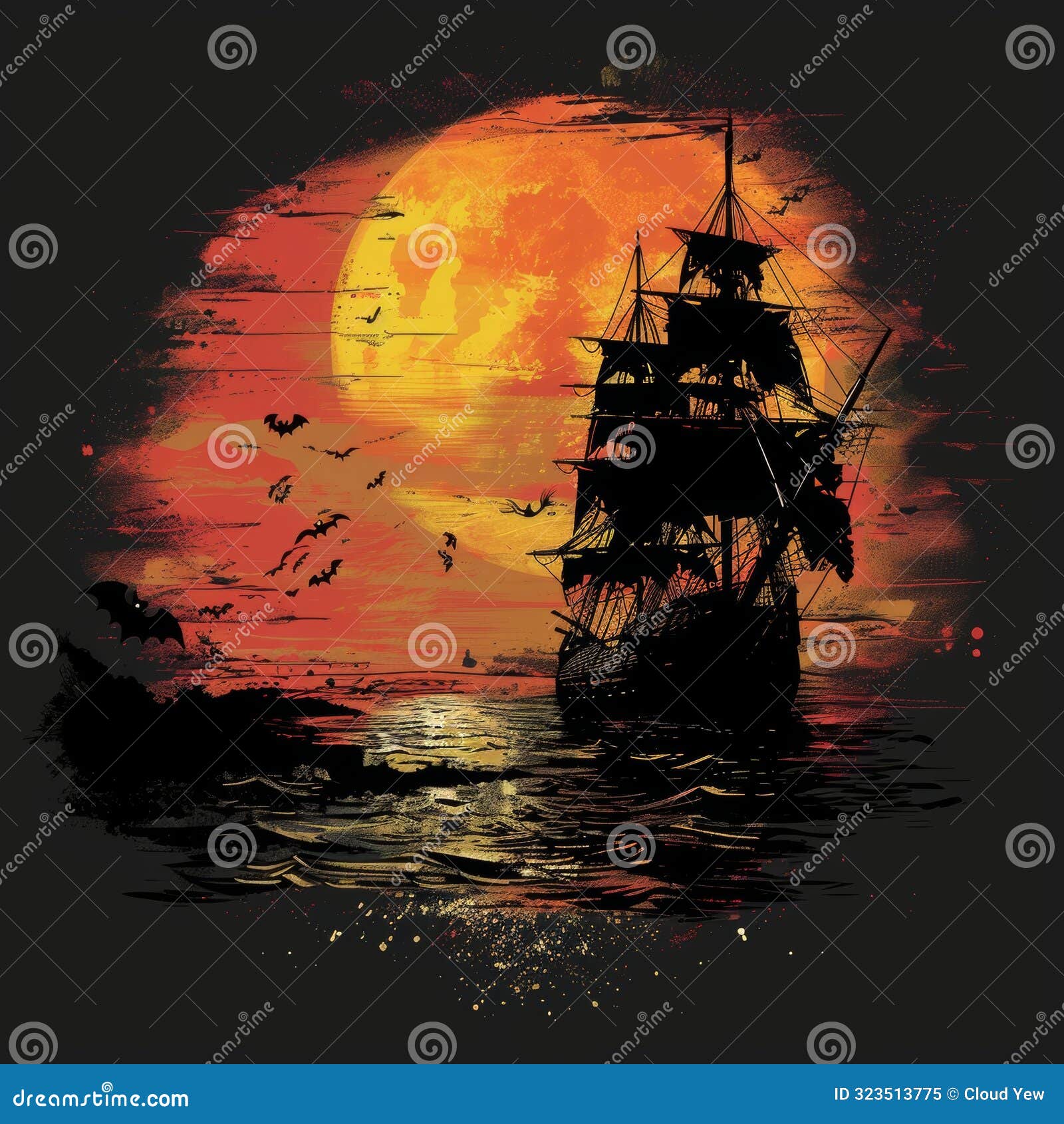 Halloween Haunted Ship on the Sea Design Stock Illustration ...