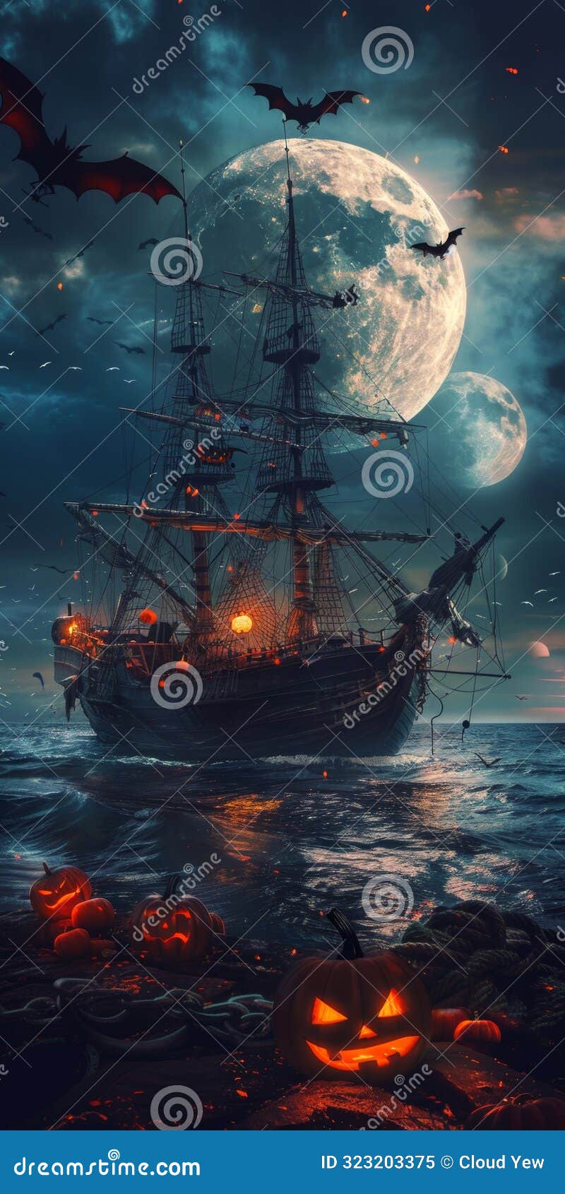 Halloween Haunted Ship on the Sea Digital Design Stock Illustration ...