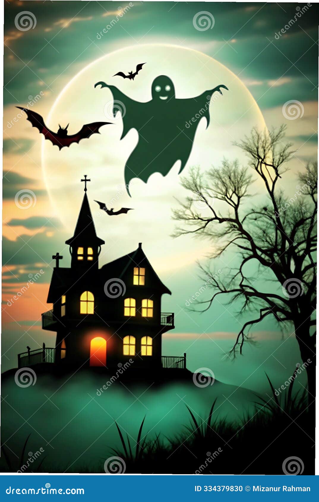 Halloween House with Boo, Witch Flying Silhouette Stock Illustration ...